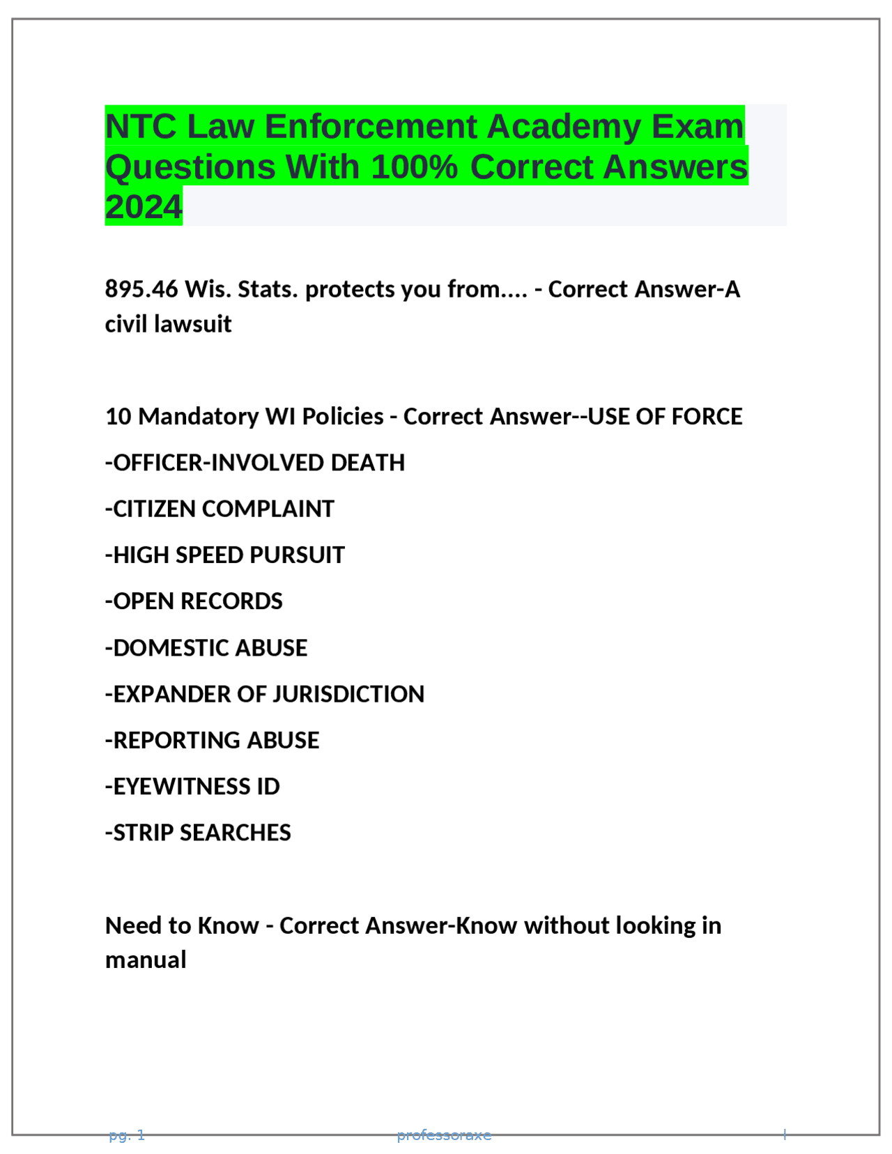 NTC Law Enforcement Academy Exam Questions With 100% Correct Answers ...