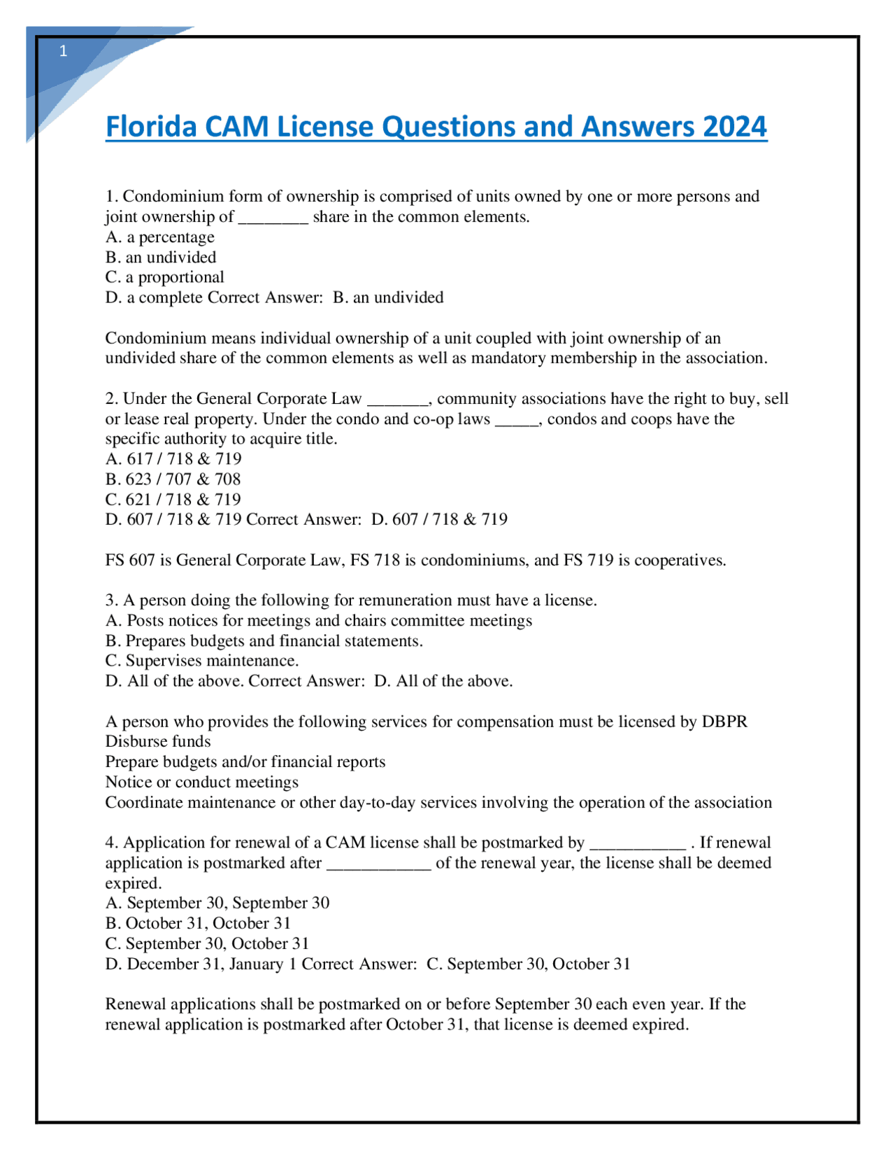 Florida CAM License Questions and Answers 2024 | Exams Nursing | Docsity