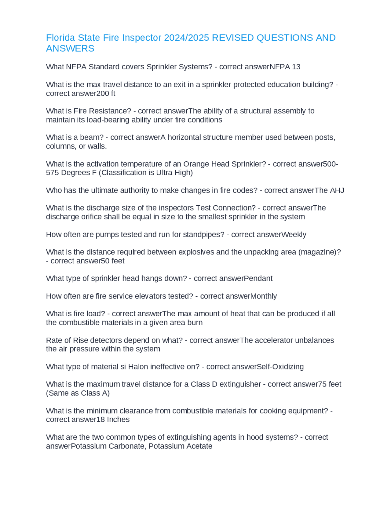 Florida State Fire Inspector 2024/2025 REVISED QUESTIONS AND ANSWERS ...