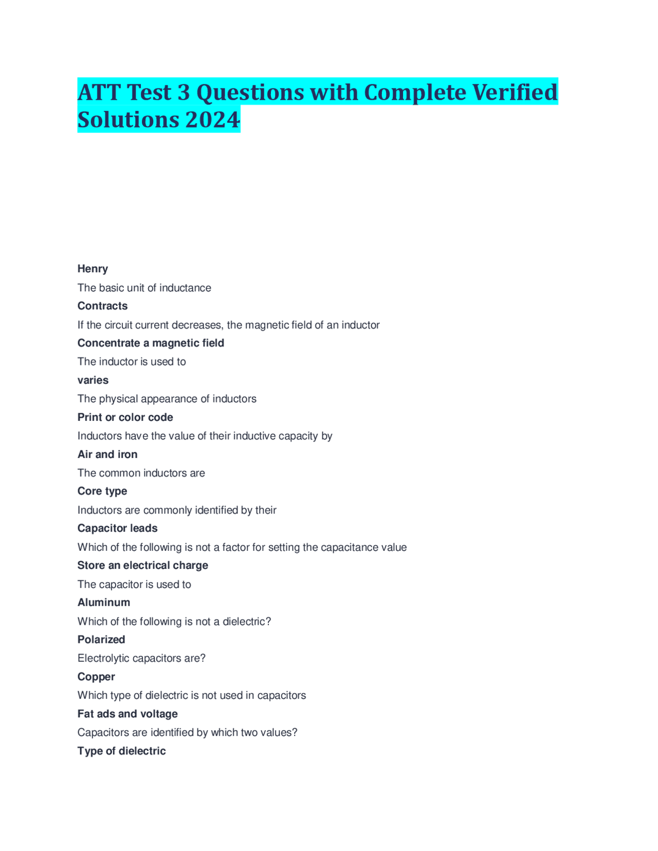 ATT Test 3 Questions with Complete Verified Solutions 2024 | Exams ...