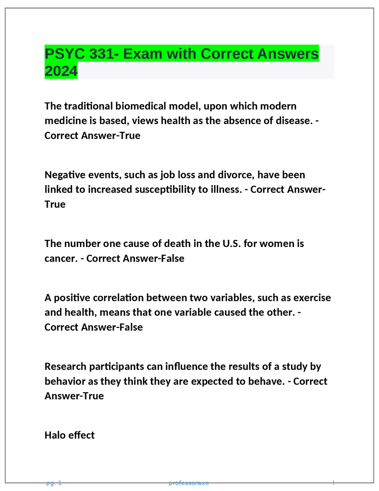 PSYC 331- Exam with Correct Answers 2024 | Exams Advanced Education ...