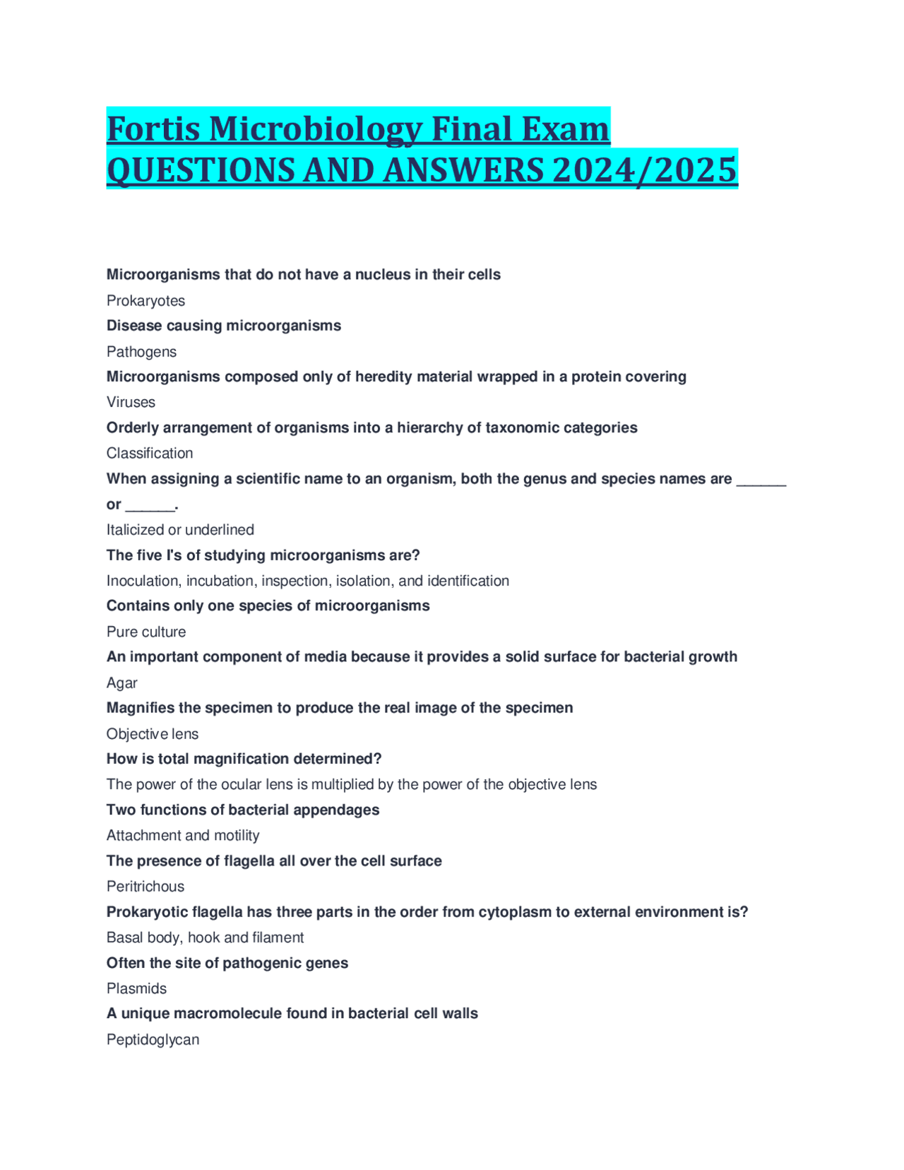 Fortis Microbiology Final Exam QUESTIONS AND ANSWERS 2024/2025 | Exams Microbiology | Docsity