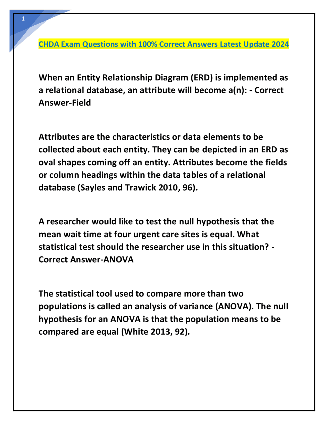 CHDA Exam Questions with 100% Correct Answers Latest Update 2024 ...