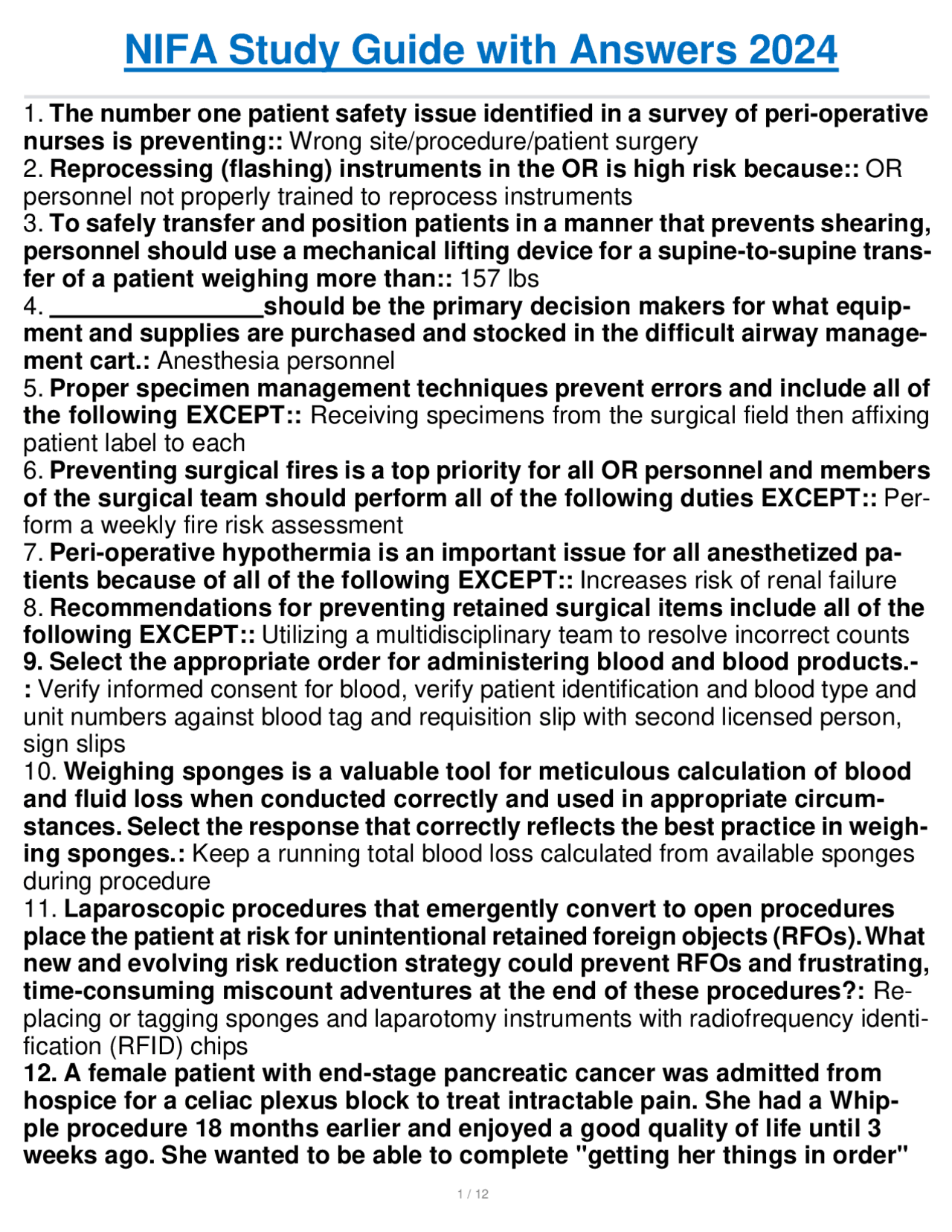 NIFA Study Guide with Answers 2024 | Exams Nursing | Docsity