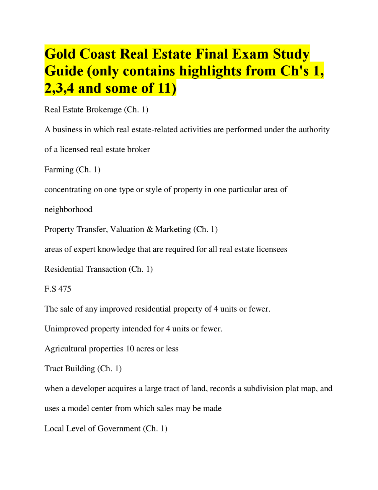 Gold Coast Real Estate Final Exam Study Guide (only contains highlights ...