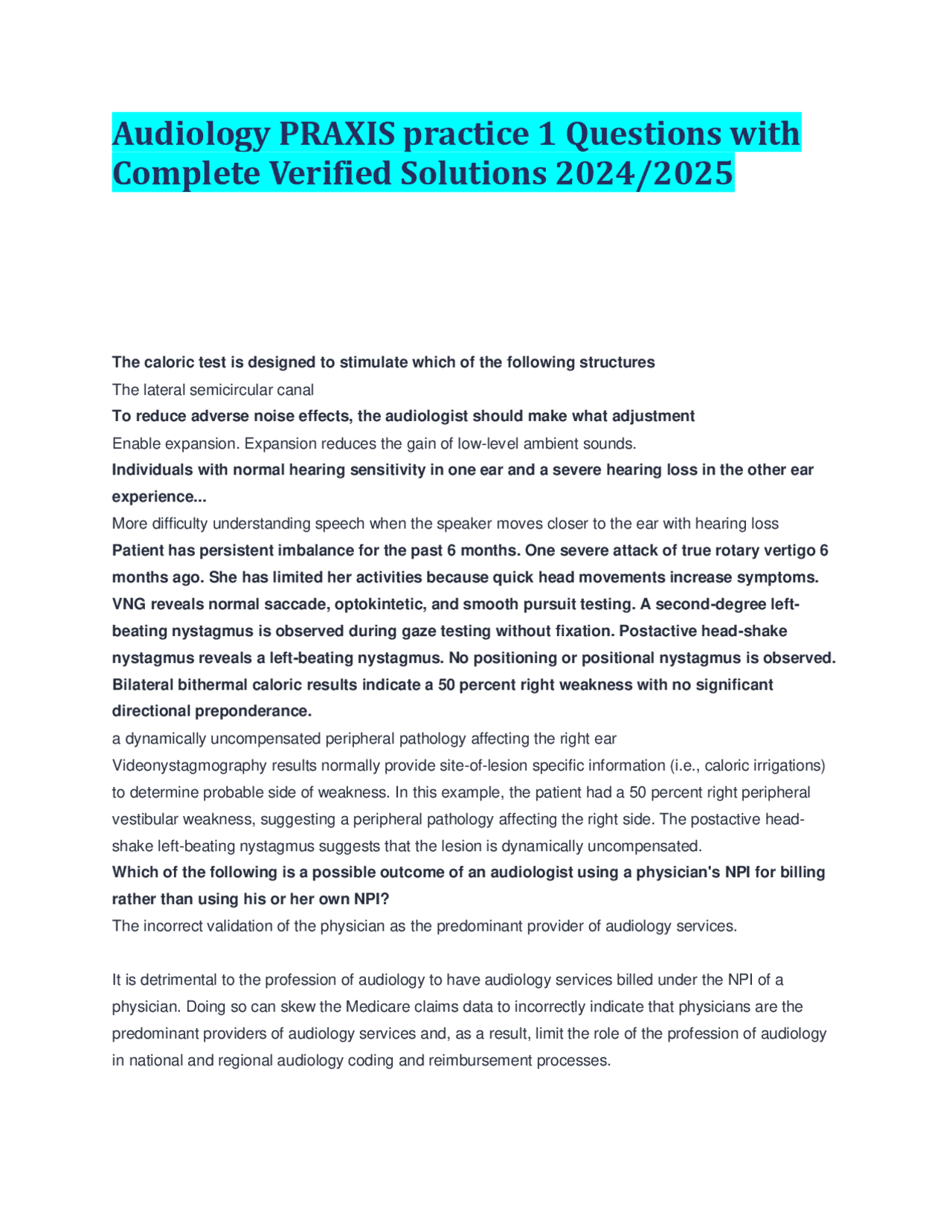 Audiology PRAXIS practice 1 Questions with Complete Verified Solutions ...