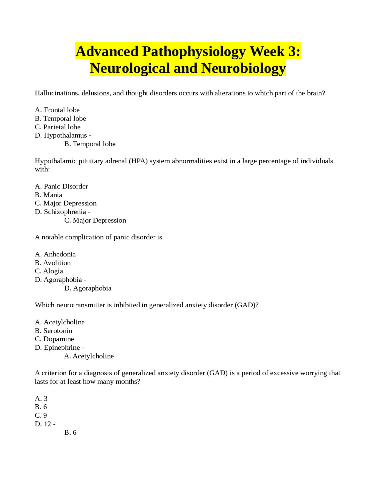 Advanced Pathophysiology Week 3: Neurological and Neurobiology | Exams ...