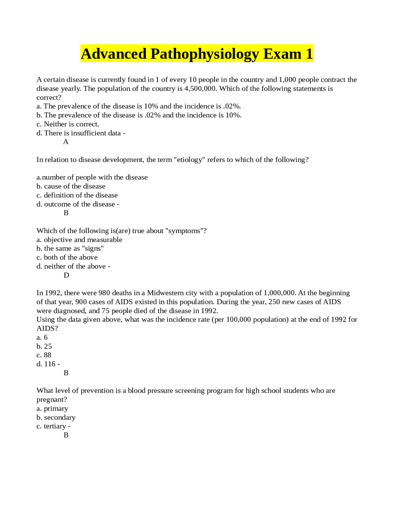 Advanced Pathophysiology Exam 1. | Exams Pathophysiology | Docsity