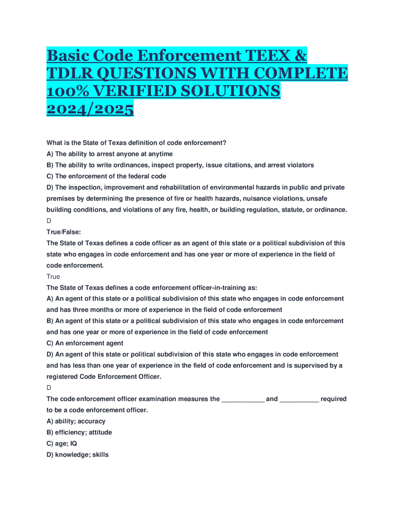Basic Code Enforcement TEEX & TDLR QUESTIONS WITH COMPLETE 100% ...