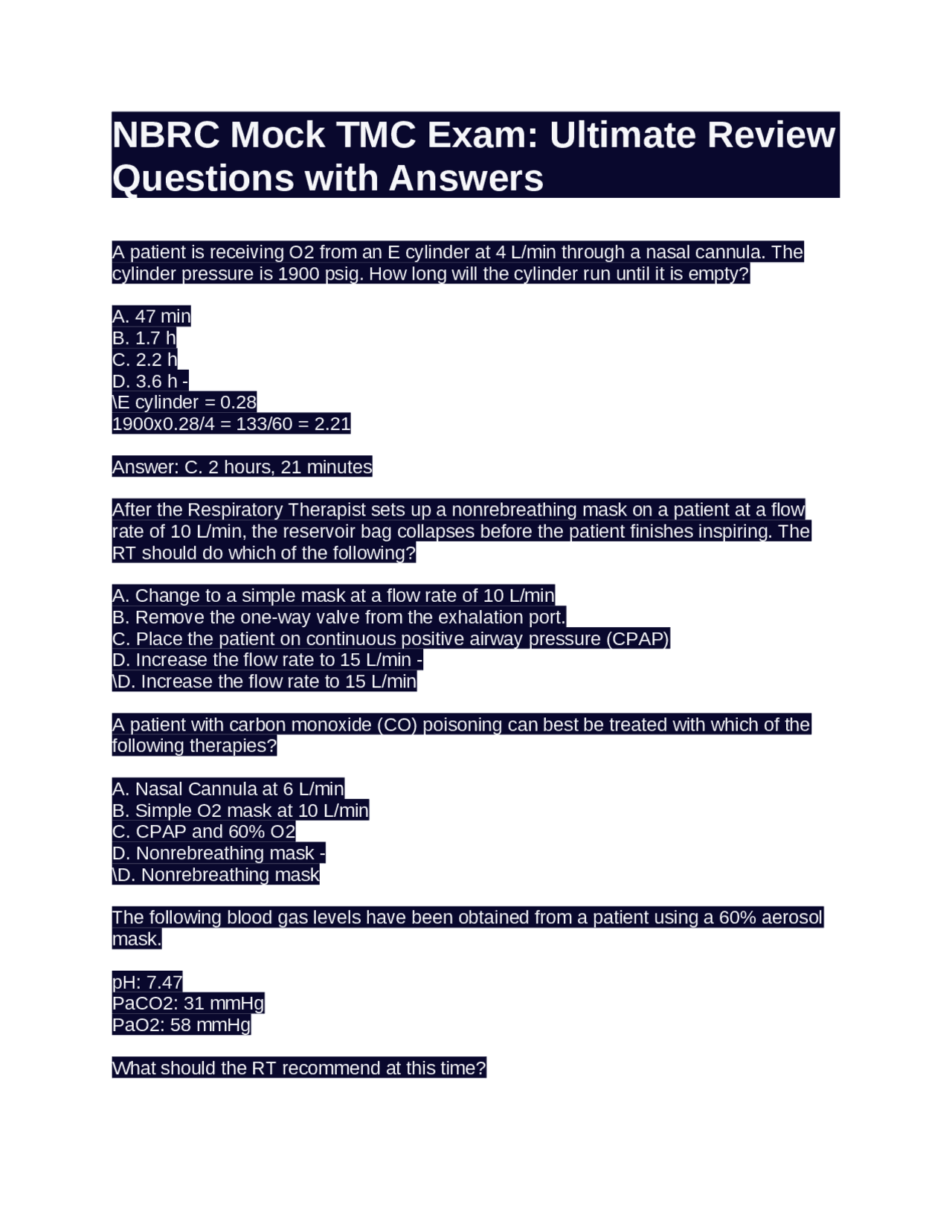 NBRC Mock TMC Exam: Ultimate Review Questions with Answers | Exams Medicine | Docsity