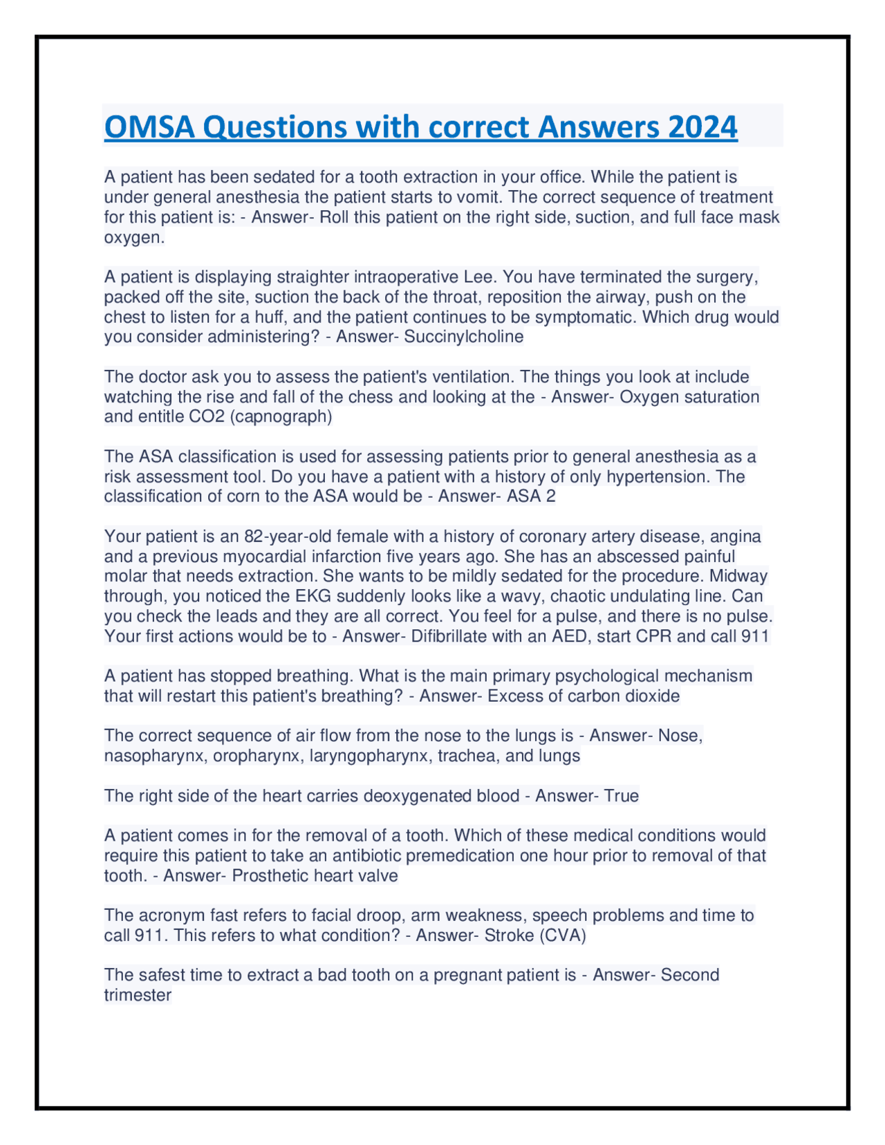 OMSA Questions with correct Answers 2024 | Exams Nursing | Docsity