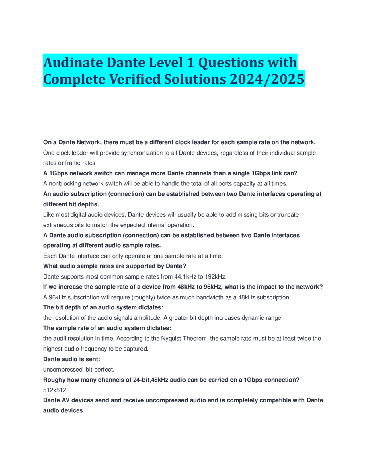 Audinate Dante Level 1 Questions with Complete Verified Solutions 2024/2025 | Exams ...