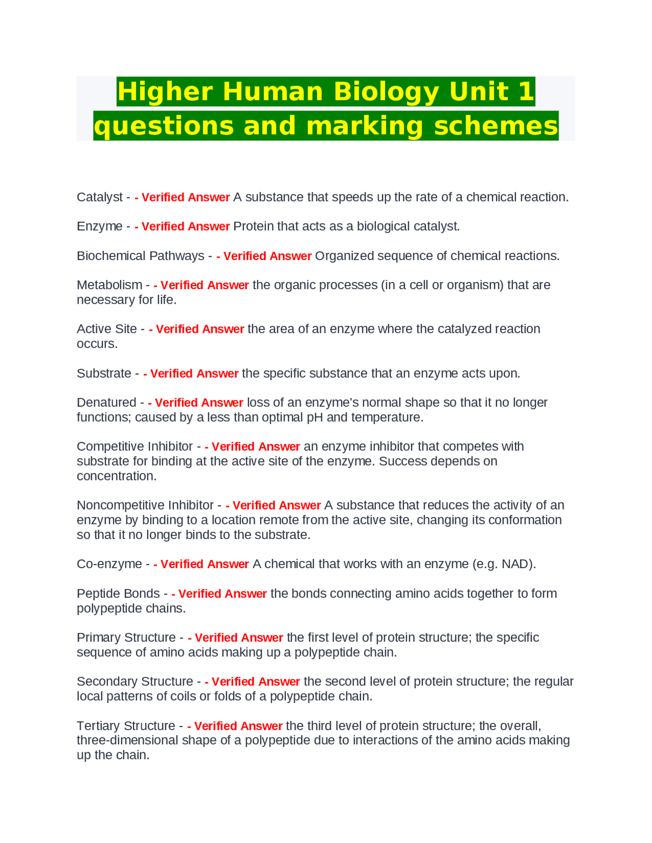 Higher Human Biology Unit 1 questions and marking schemes | Exams Human ...