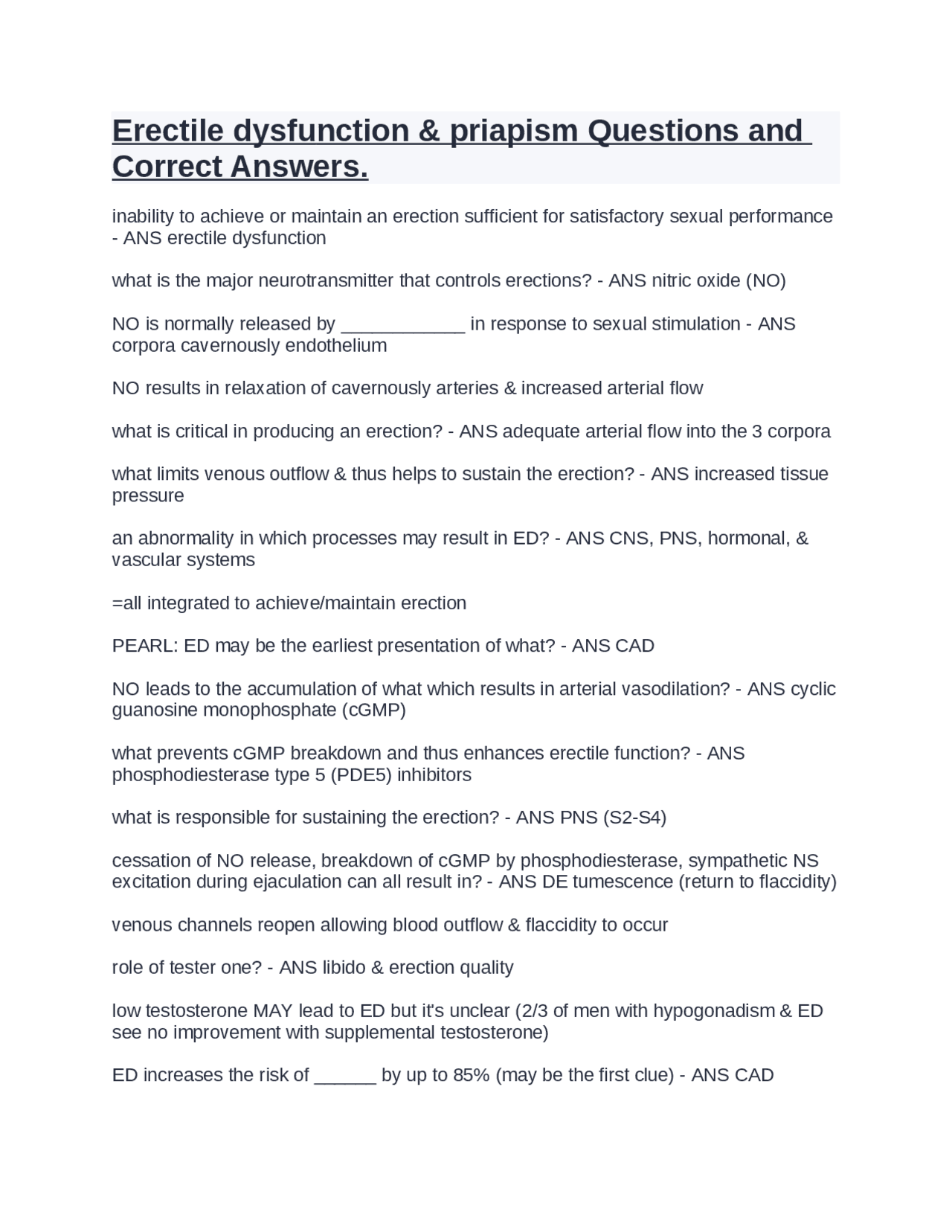 Erectile Dysfunction And Priapism Questions And Correct Answers Exams