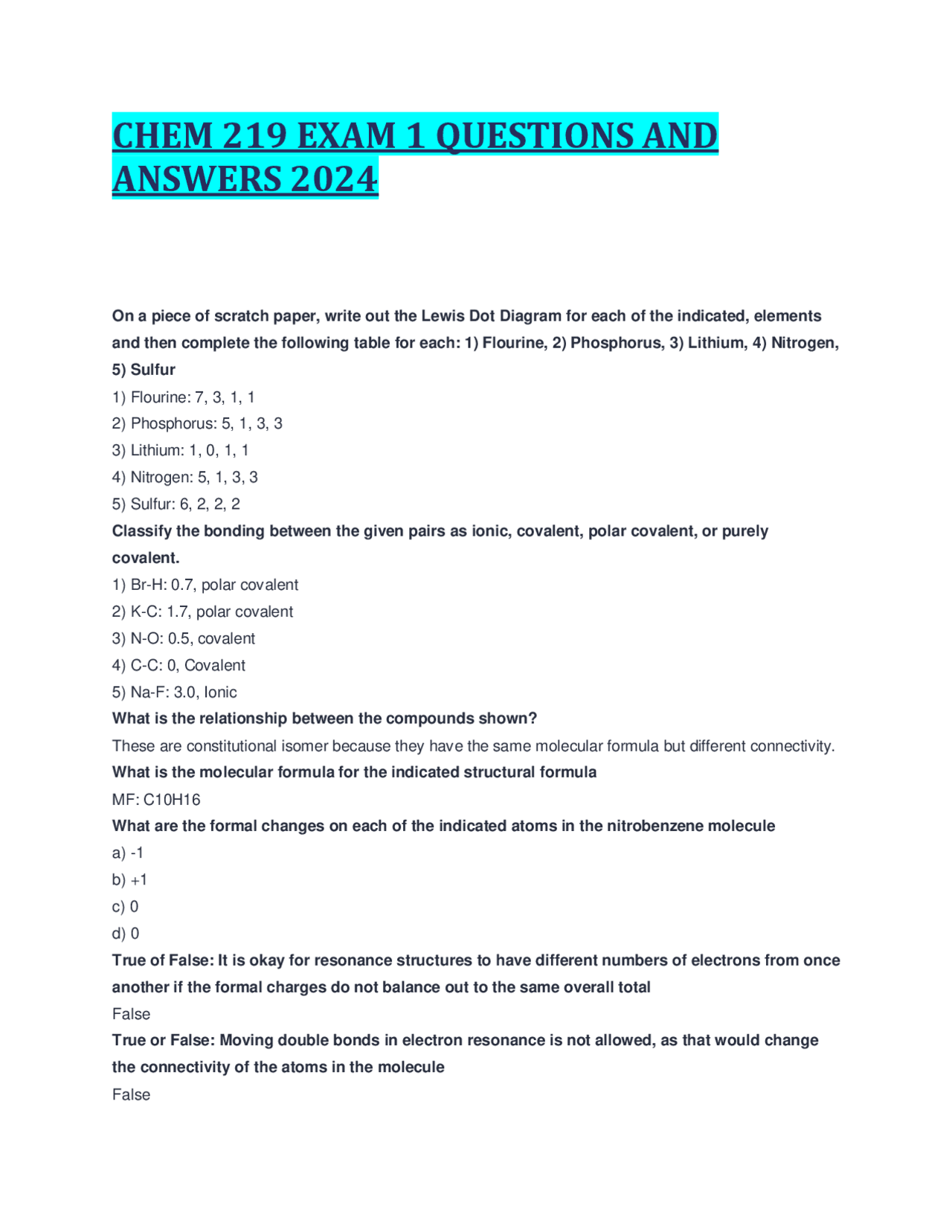 CHEM 219 EXAM 1 QUESTIONS AND ANSWERS 2024 | Exams Chemistry | Docsity
