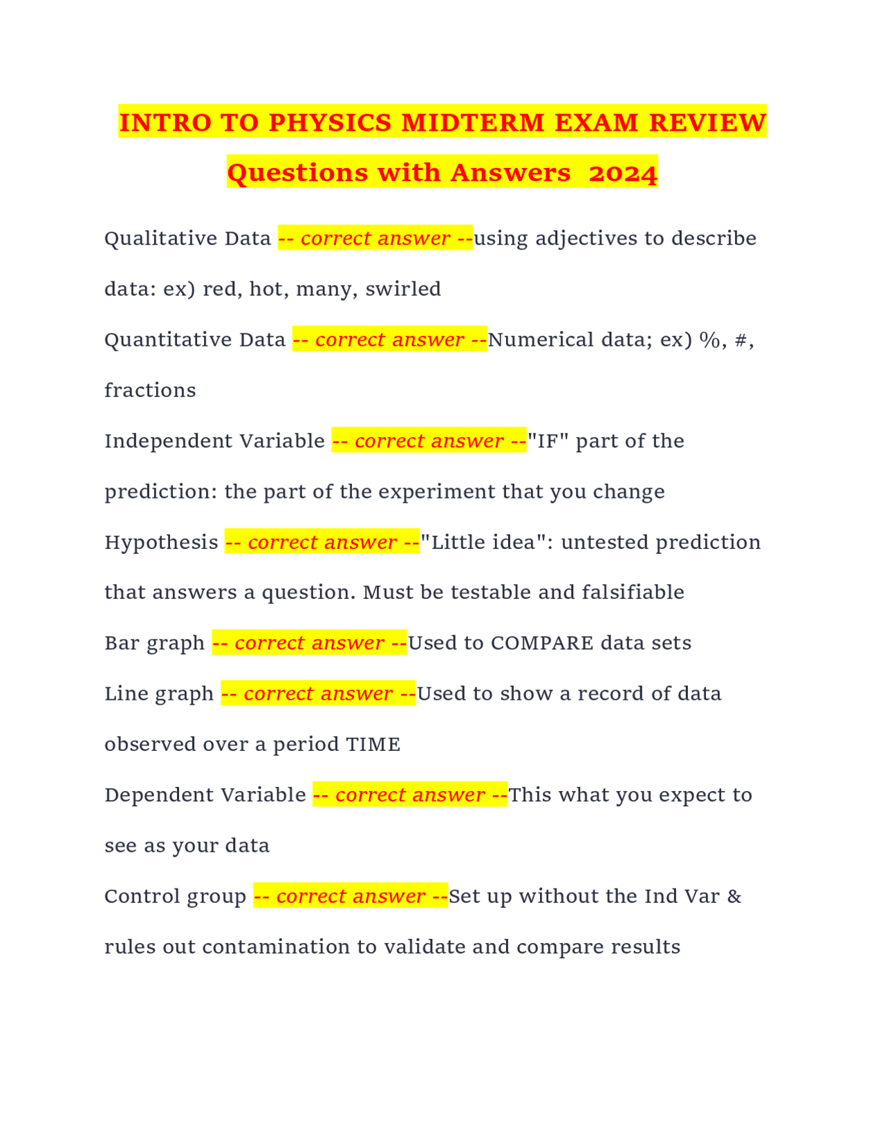 INTRO TO PHYSICS MIDTERM EXAM REVIEW Questions with Answers 2024 | Exams Physics | Docsity