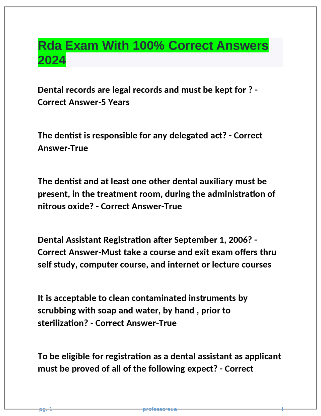 Rda Exam With 100% Correct Answers 2024 | Exams Advanced Education ...