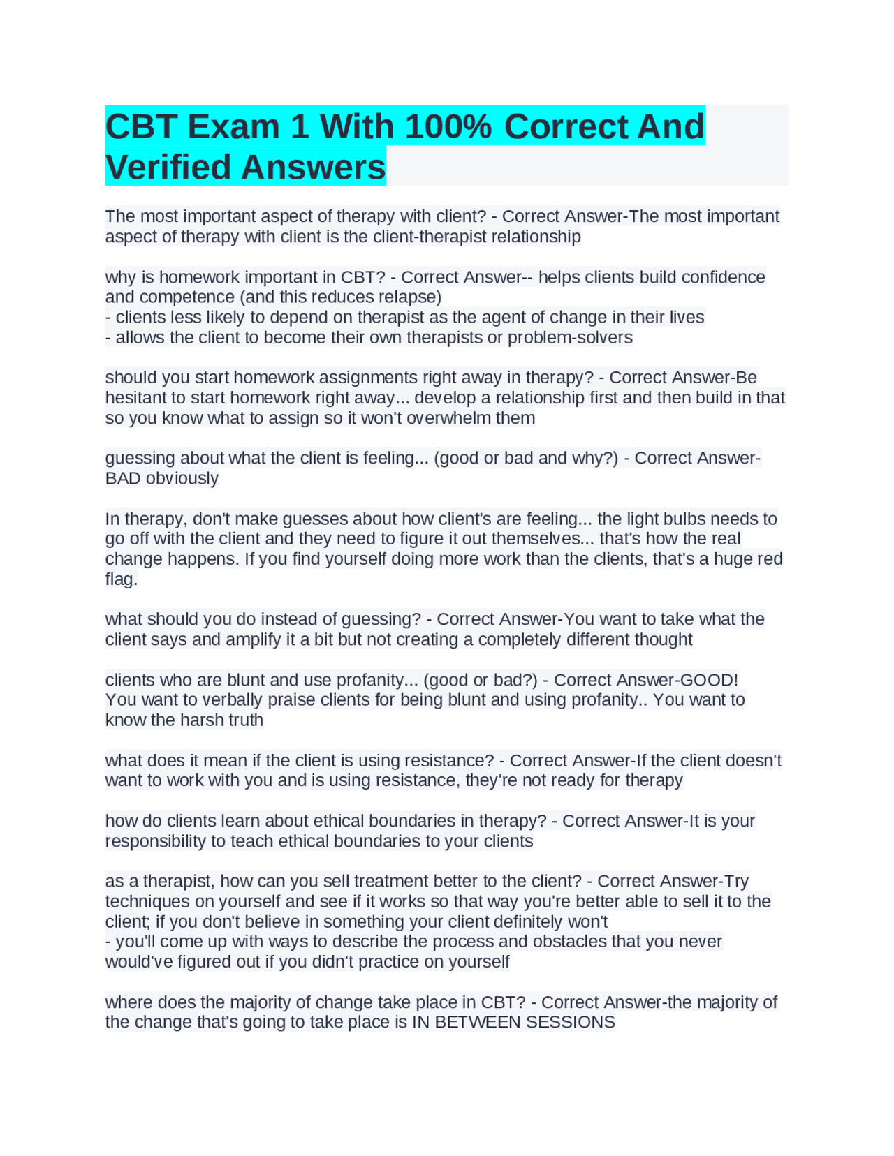 CBT Exam 1 With 100% Correct And Verified Answers | Exams Advanced Education | Docsity