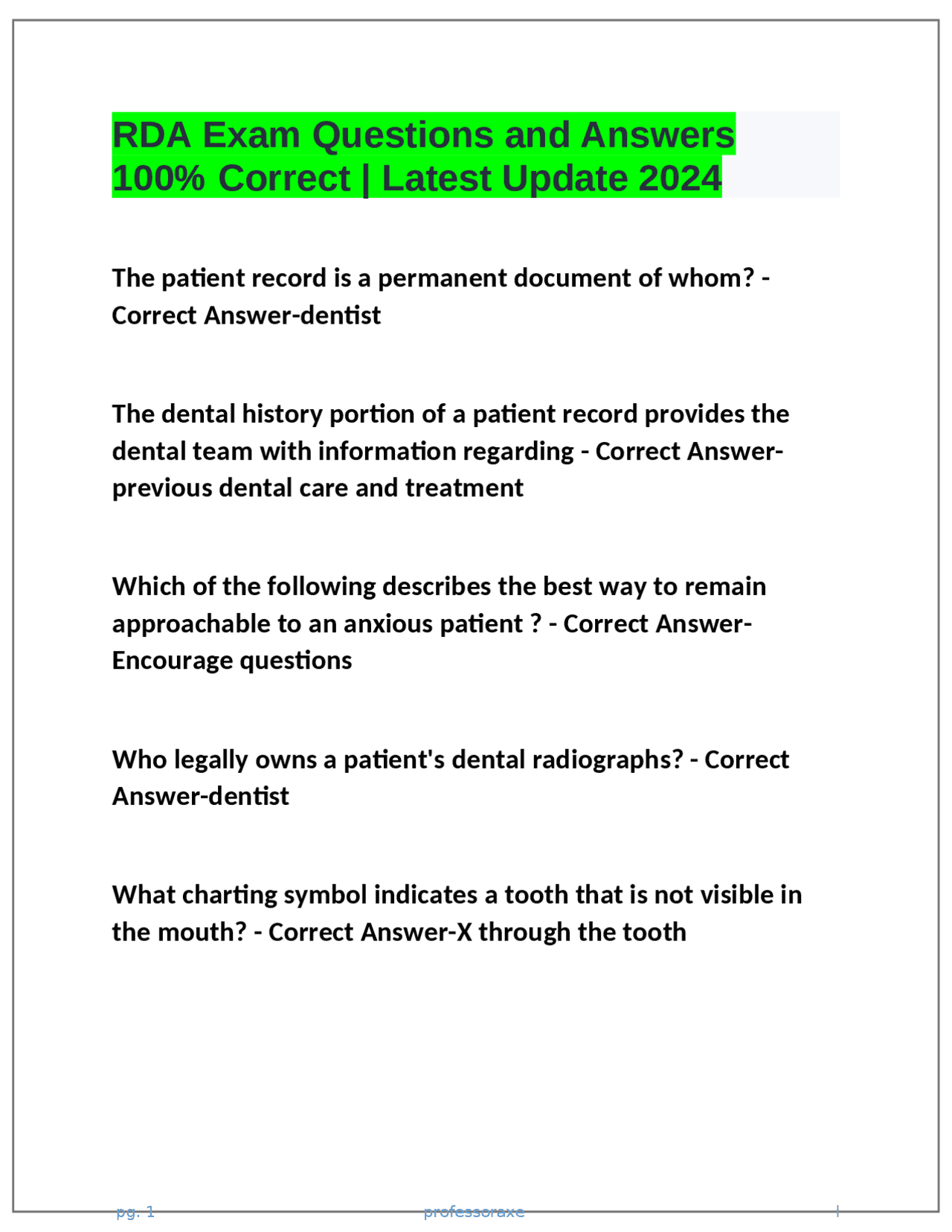 RDA Exam Questions and Answers 100% Correct | Latest Update 2024 ...