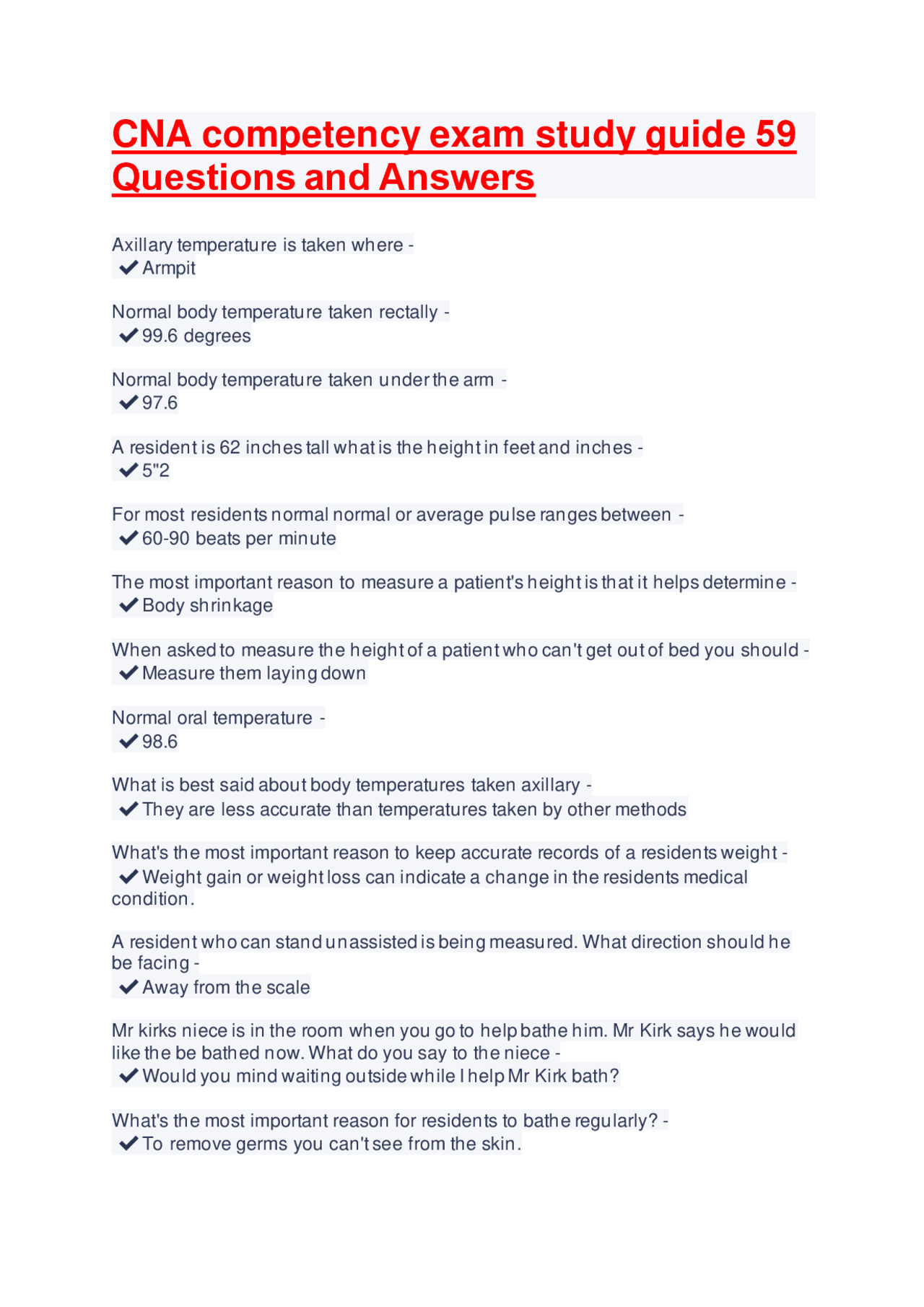 CNA competency exam study guide 59 Questions and Answers.pdf | Exams ...