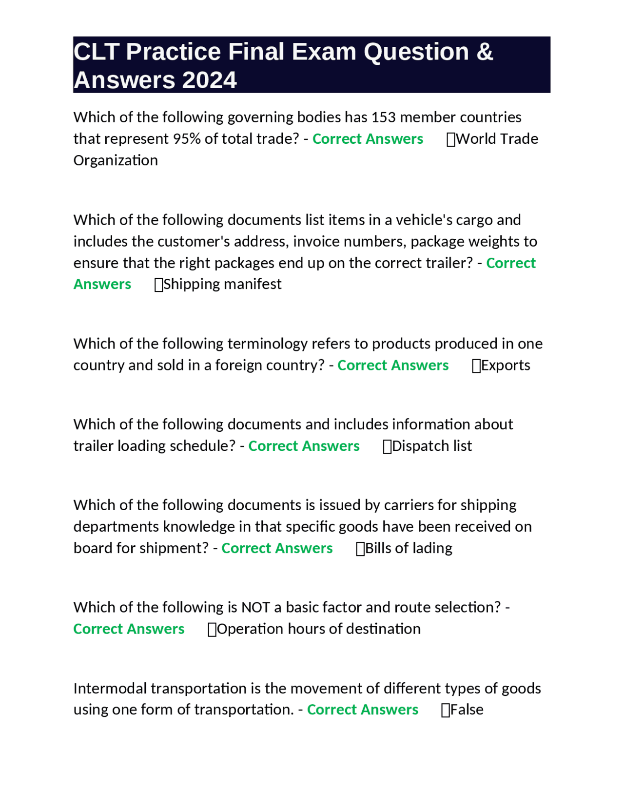 CLT Practice Final Exam Question & Answers 2024 | Exams Nursing | Docsity