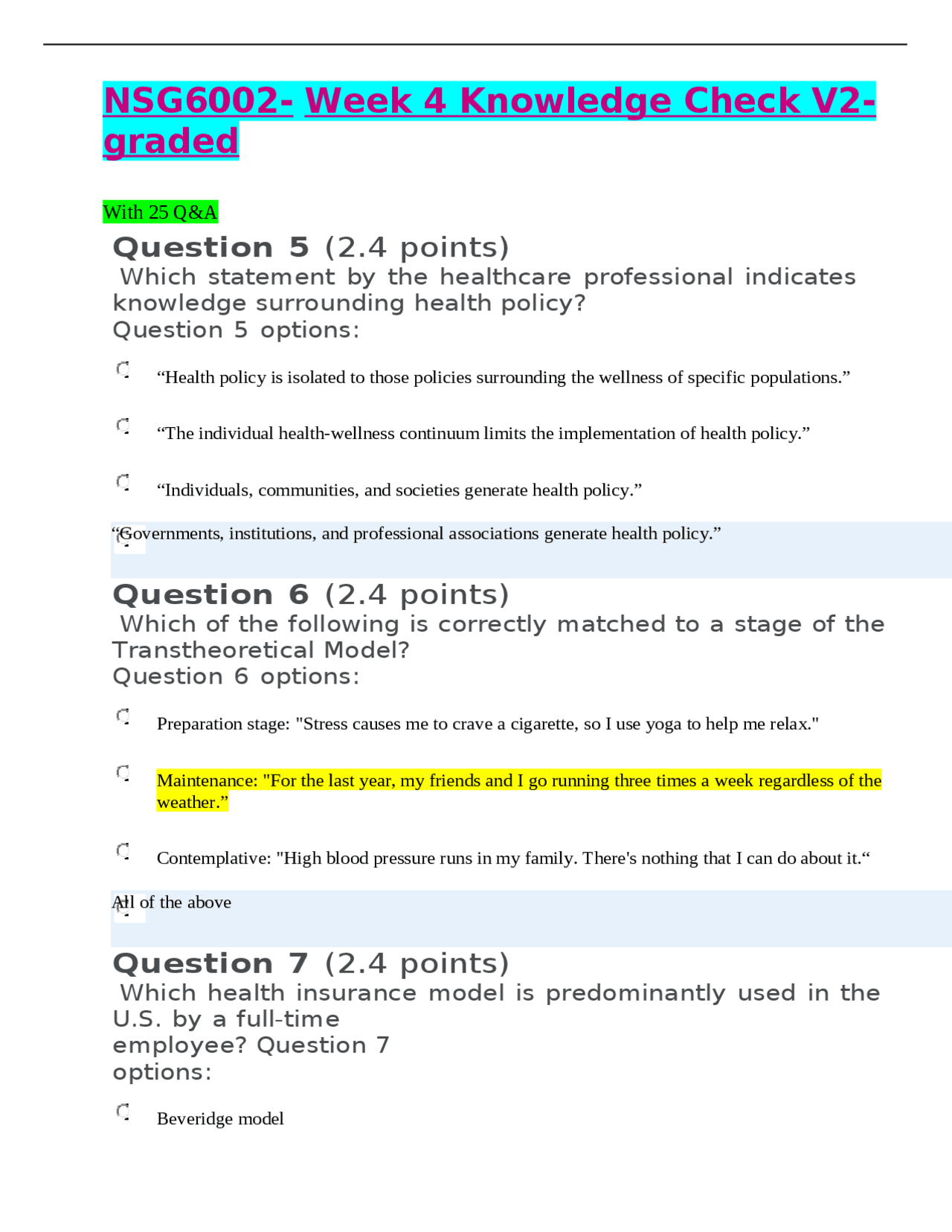 NSG6002- Week 4 Knowledge Check V2-graded .docx | Exams Nursing | Docsity