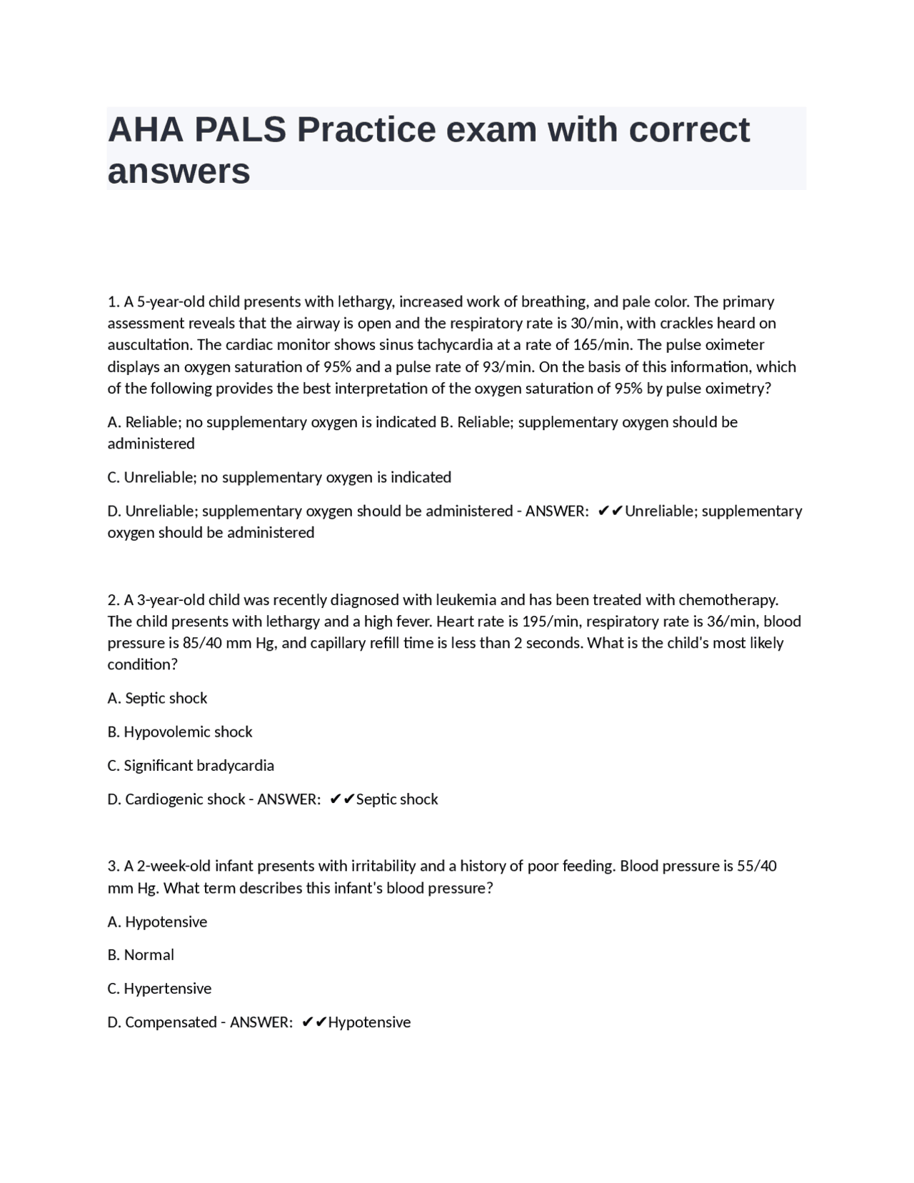 AHA PALS Practice exam with correct answers | Exams Nursing | Docsity