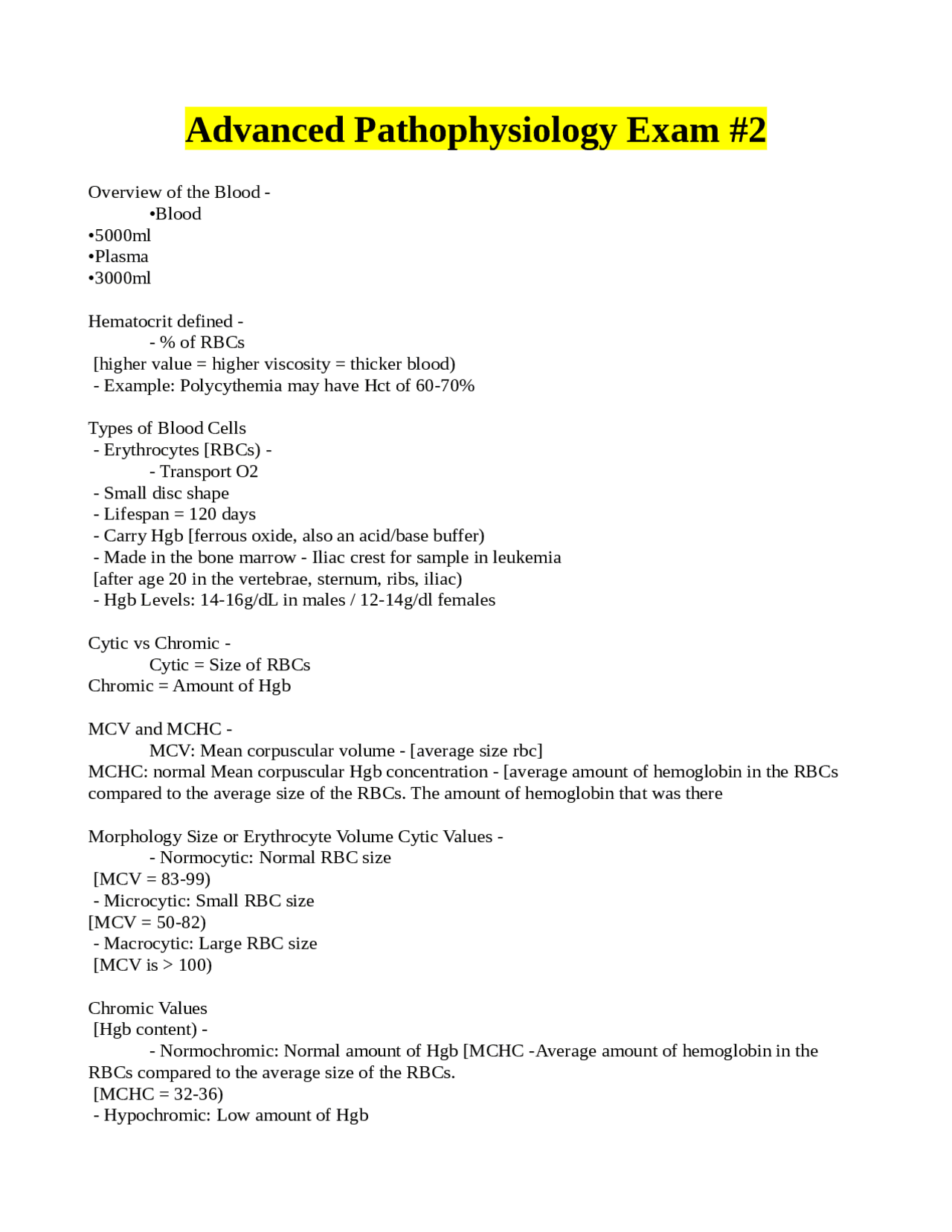 Advanced Pathophysiology Exam #2. | Exams Pathophysiology | Docsity