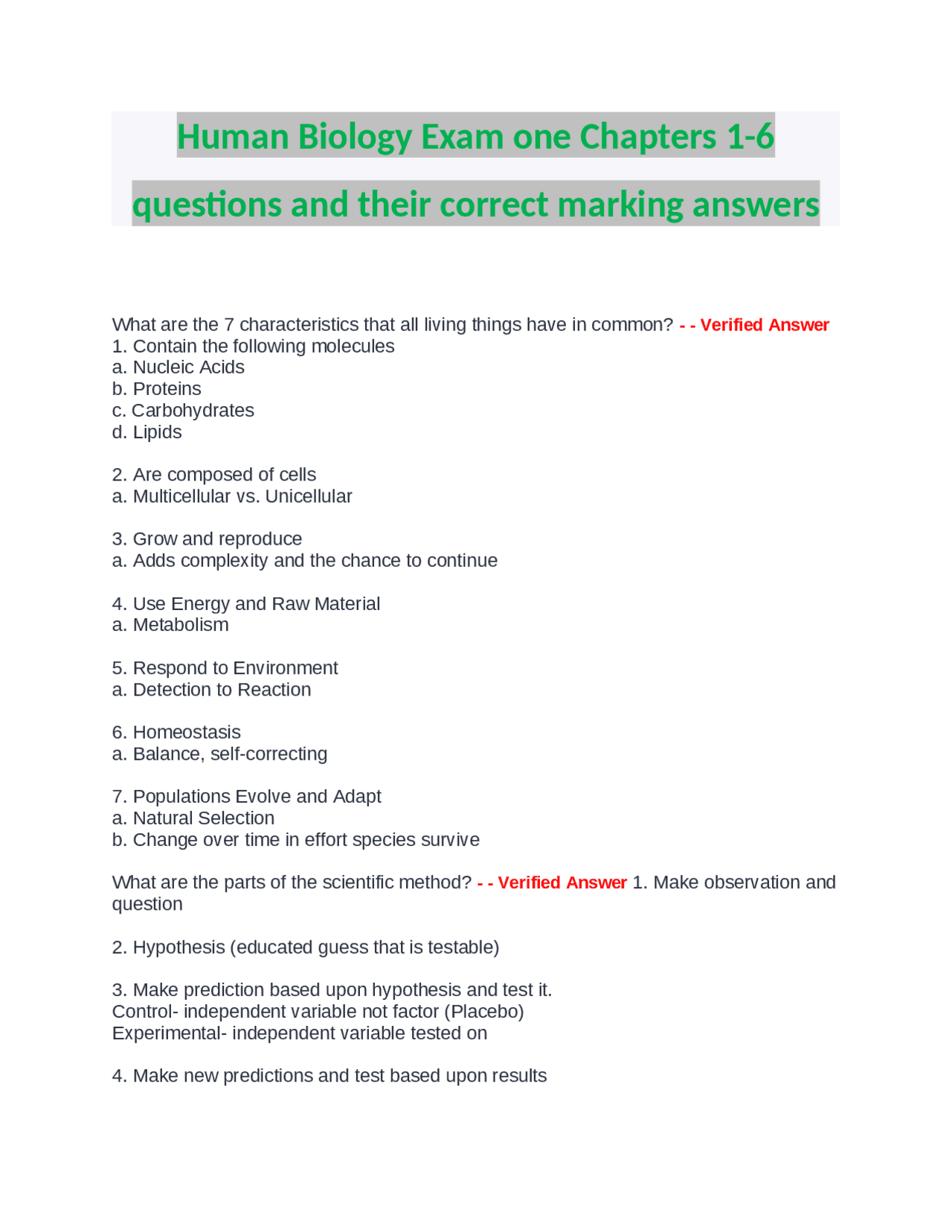 Human Biology Exam one Chapters 1-6 questions and their correct marking ...