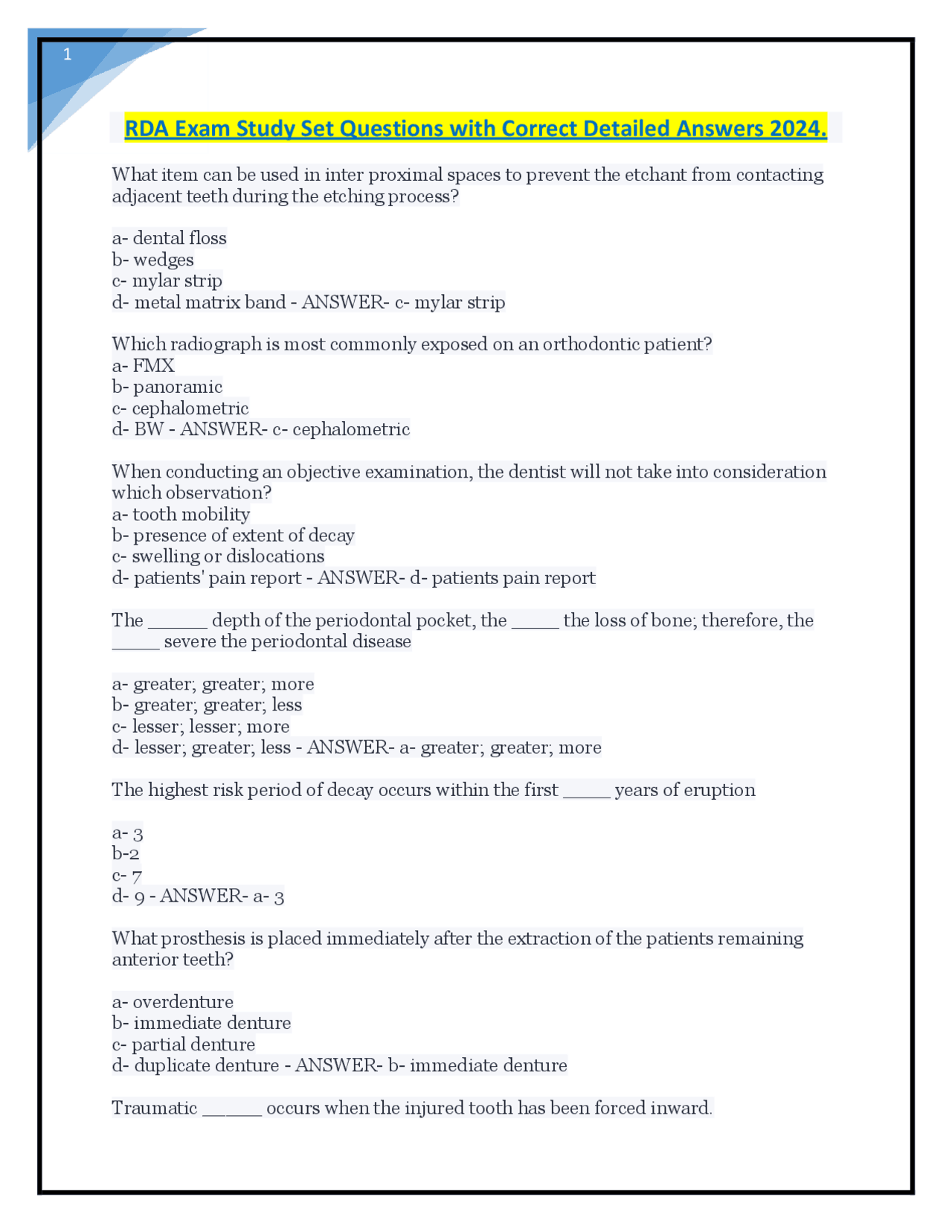RDA Exam Study Set Questions with Correct Detailed Answers 2024 ...