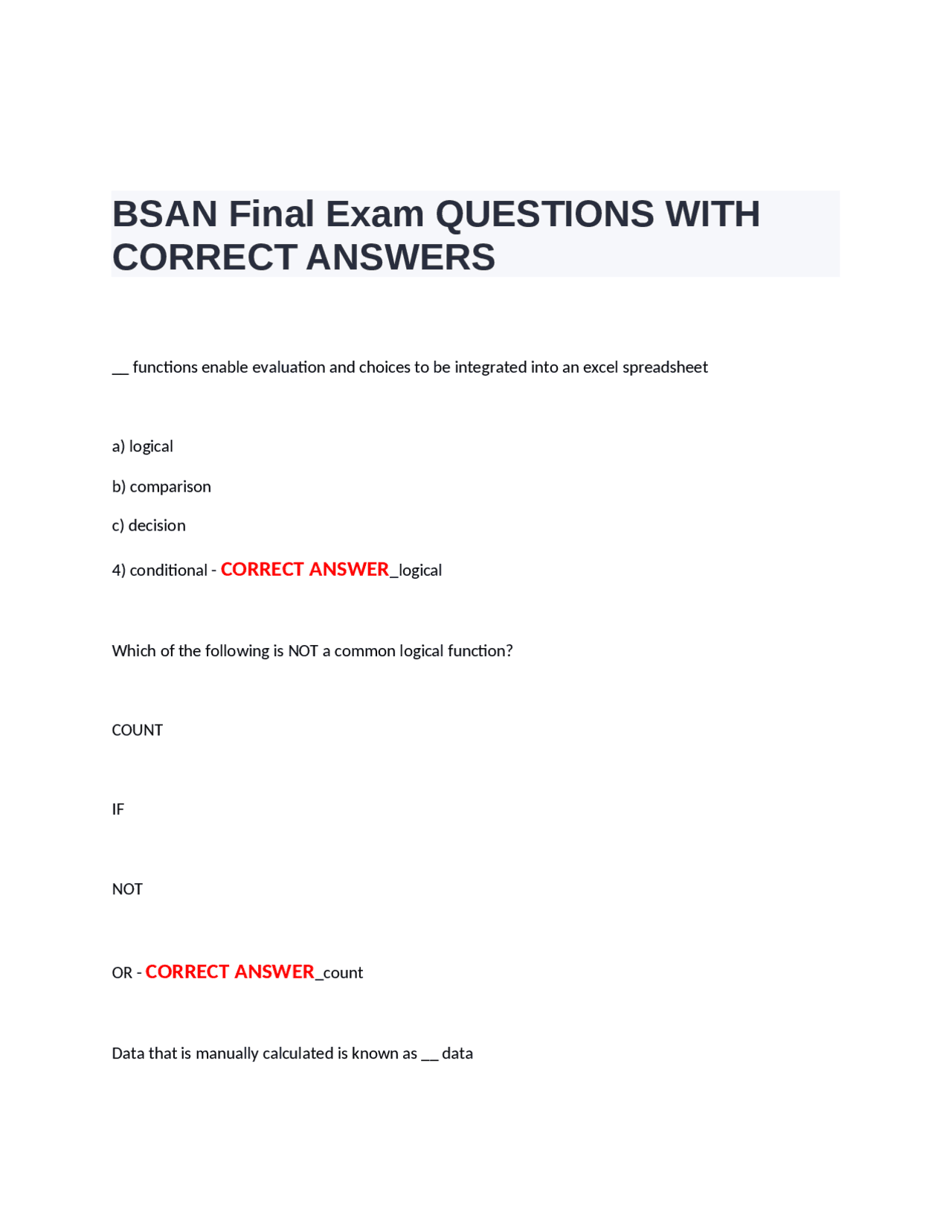 BSAN Final Exam QUESTIONS WITH CORRECT ANSWERS | Exams Computer Communication Systems | Docsity