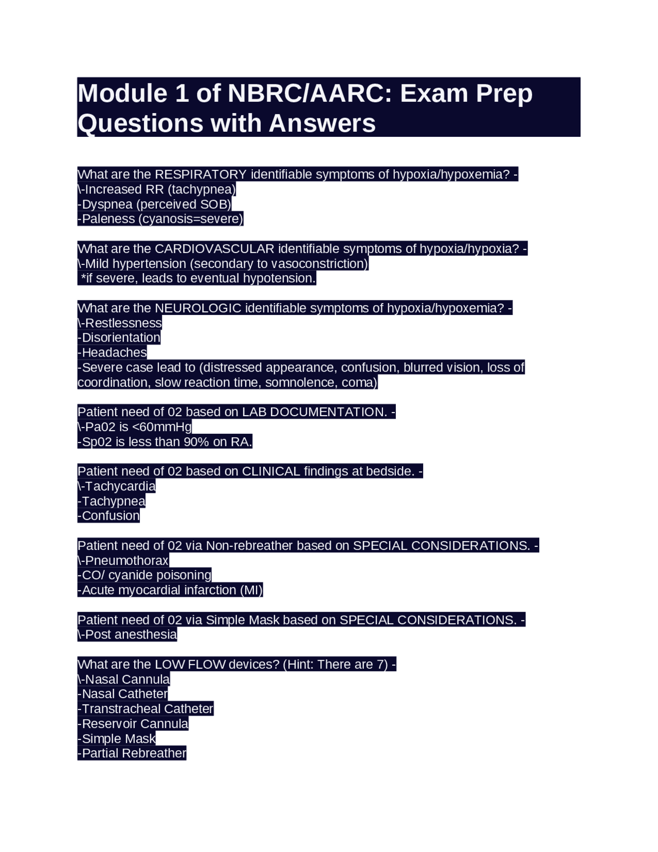 Module 1 of NBRC/AARC: Exam Prep Questions with Answers | Exams ...