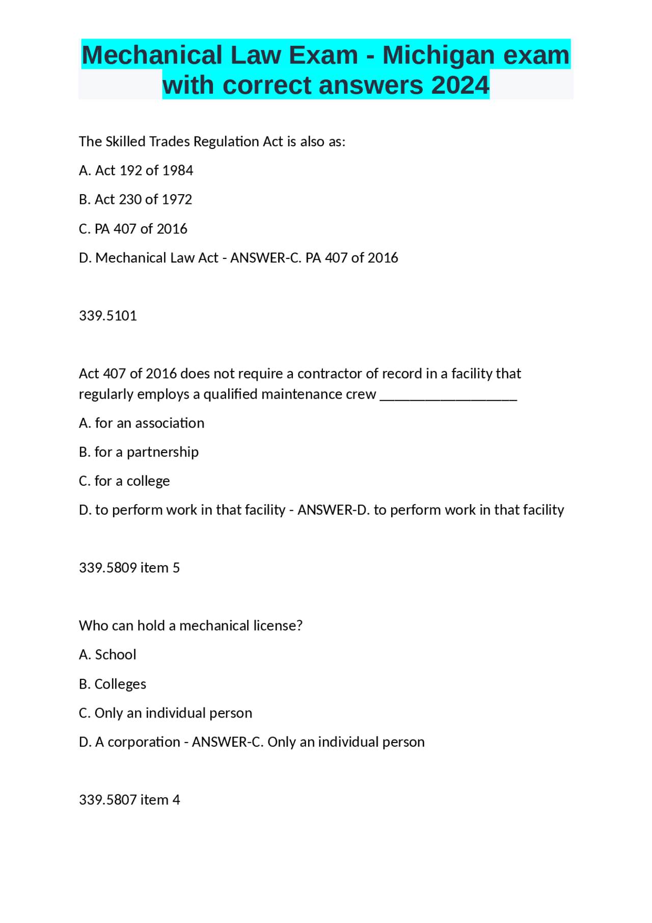 Mechanical Law Exam - Michigan exam with correct answers 2024 | Exams ...