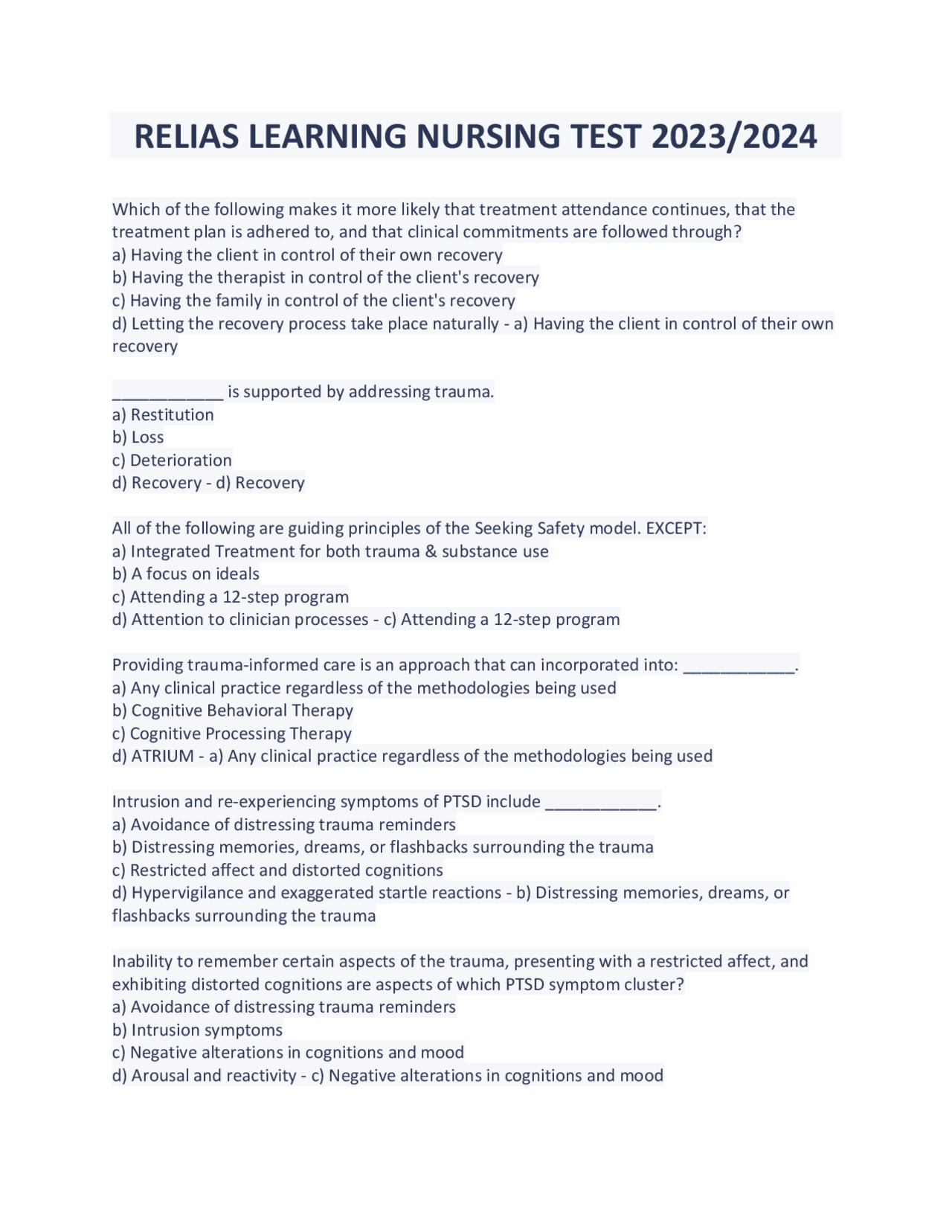 RELIAS LEARNING NURSING TEST 2023 2024 | Exams Nursing | Docsity