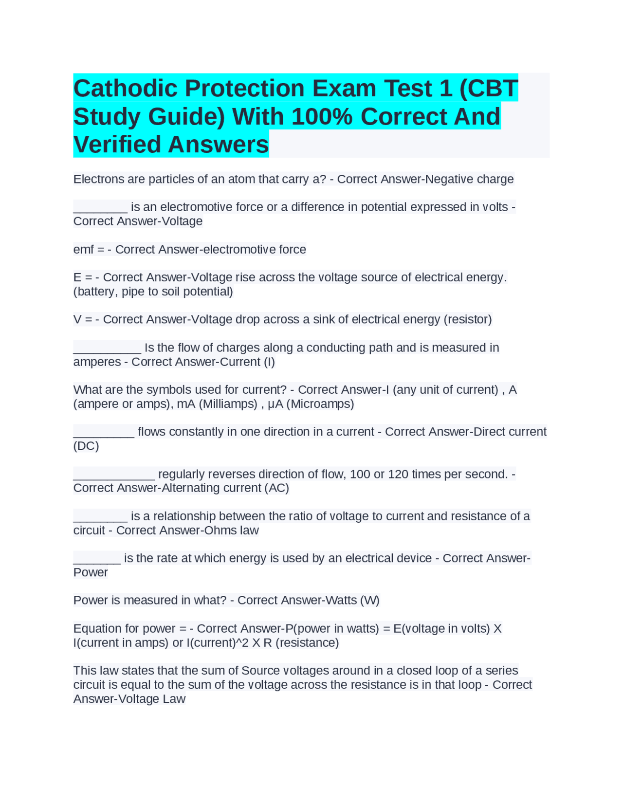 Cathodic Protection Exam Test 1 (CBT Study Guide) With 100% Correct And ...