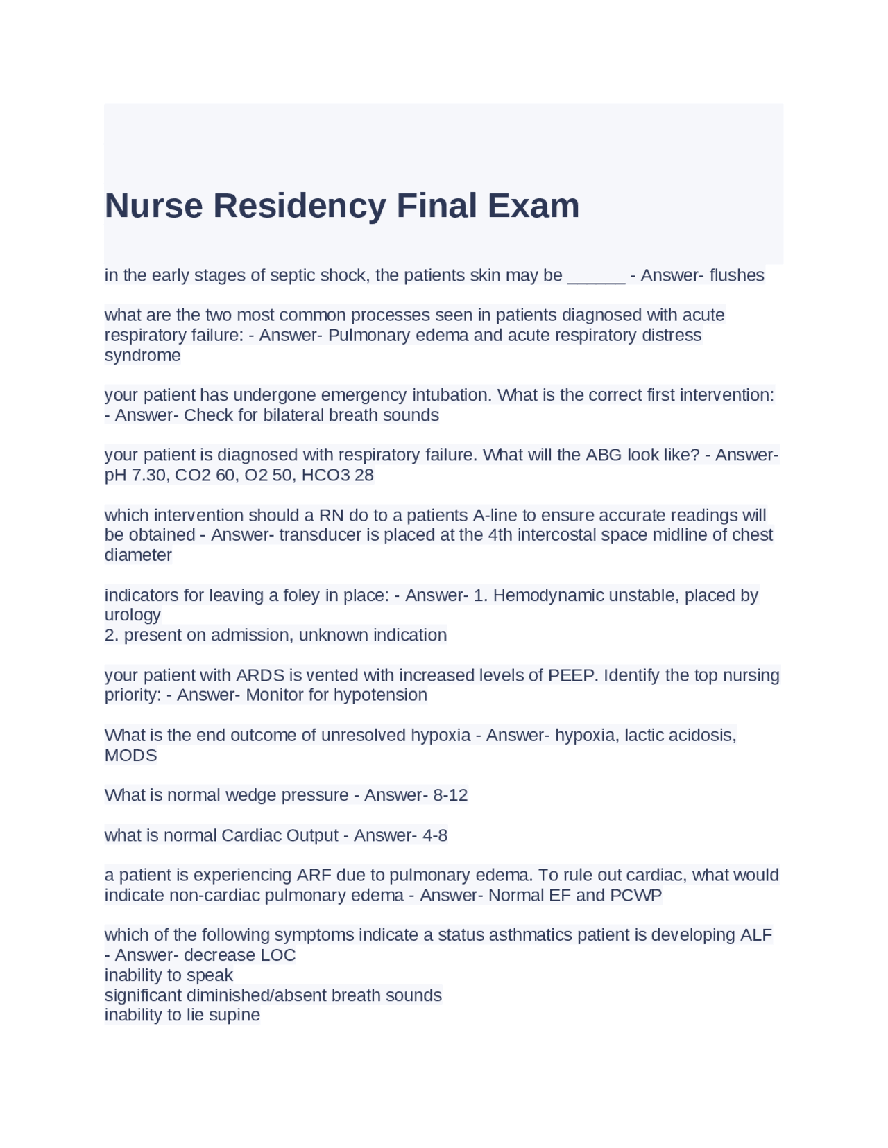 Nurse Residency Final Exam Questions and Answers | Exams Nursing | Docsity