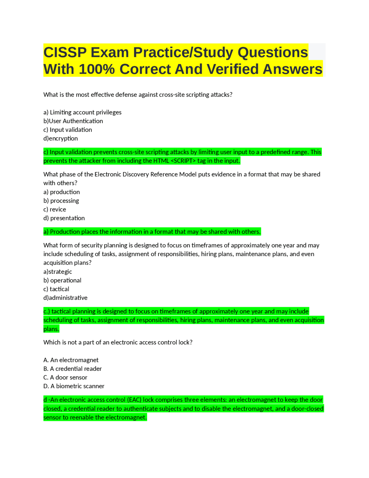CISSP Exam Practice/Study Questions With 100% Correct And Verified ...