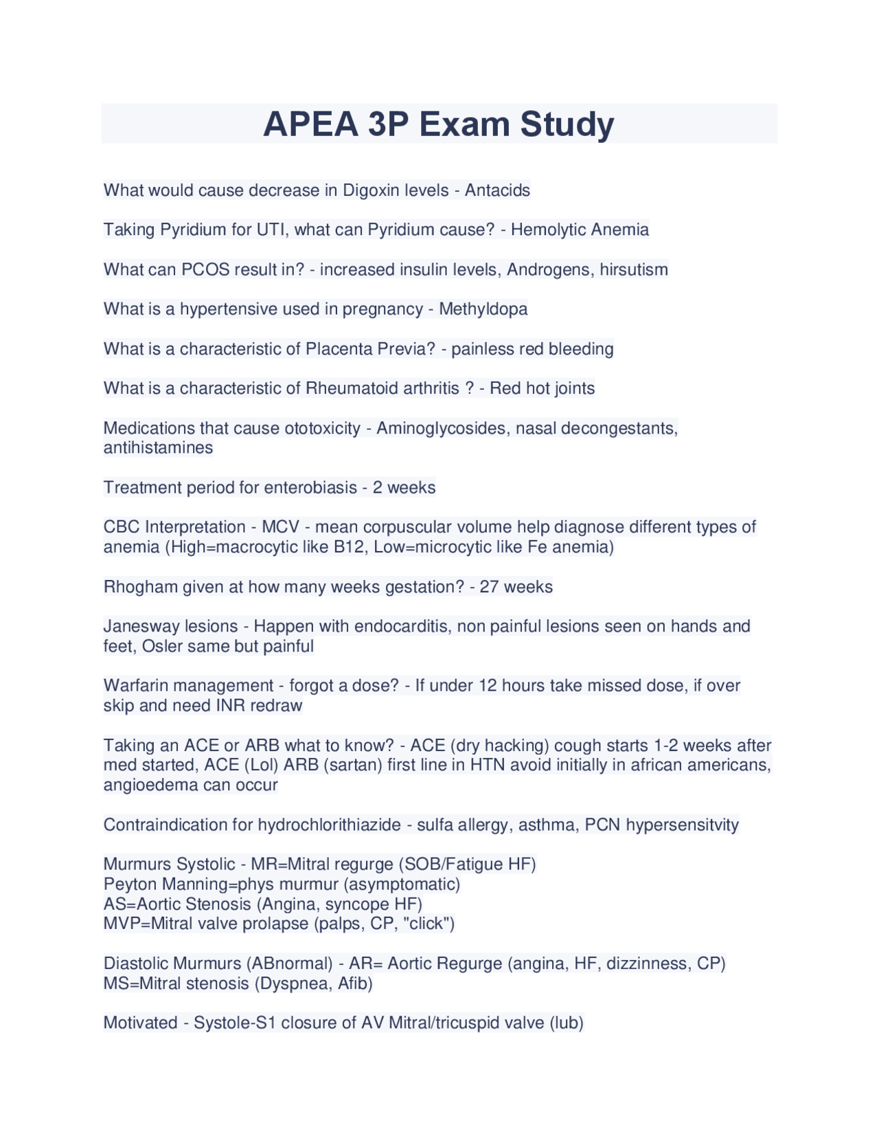 APEA 3P Exam Study guide solution | Exams Nursing | Docsity