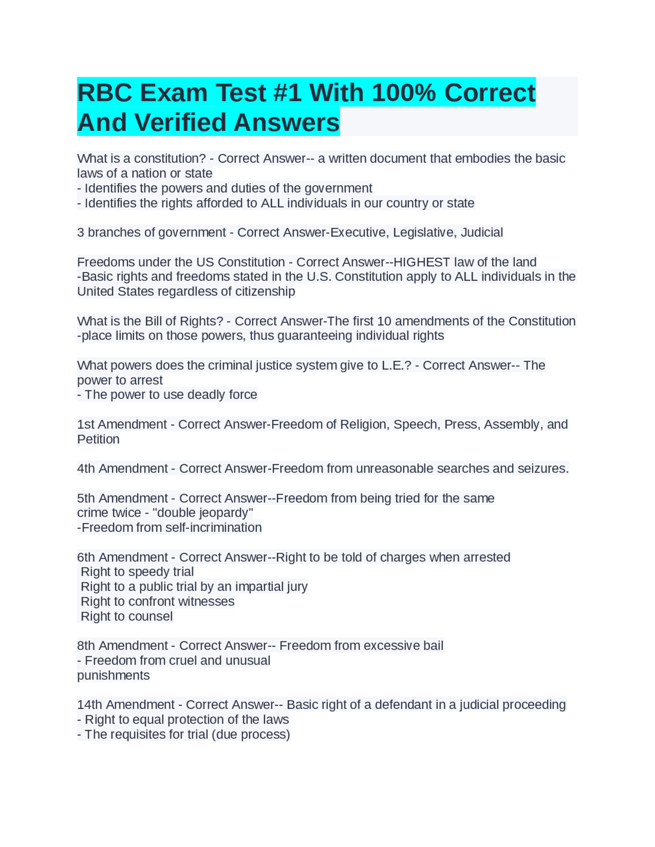RBC Exam Test #1 With 100% Correct And Verified Answers | Exams ...