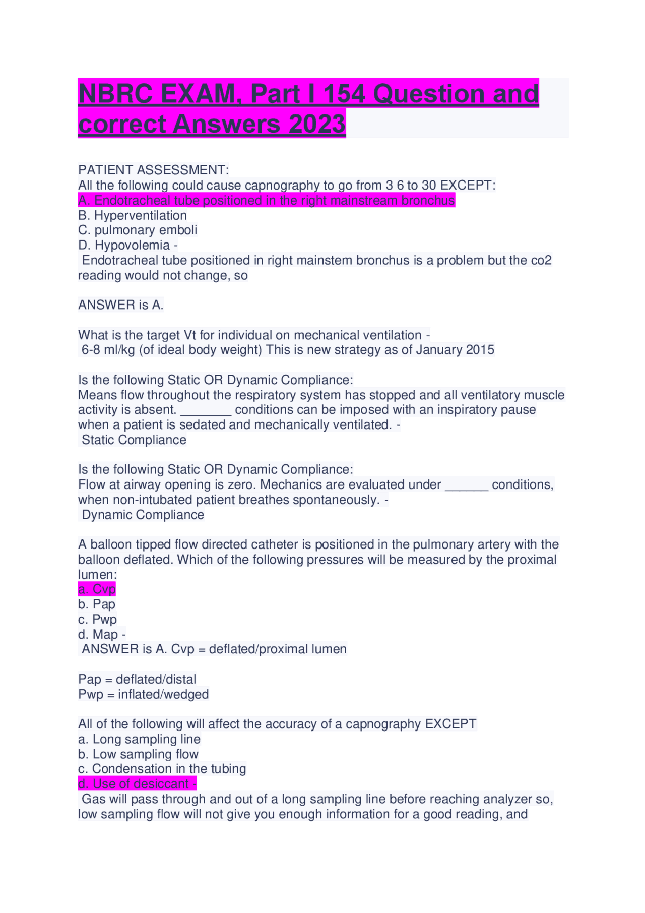 NBRC EXAM Part I 154 Question and correct Answers 2023.pdf | Exams ...