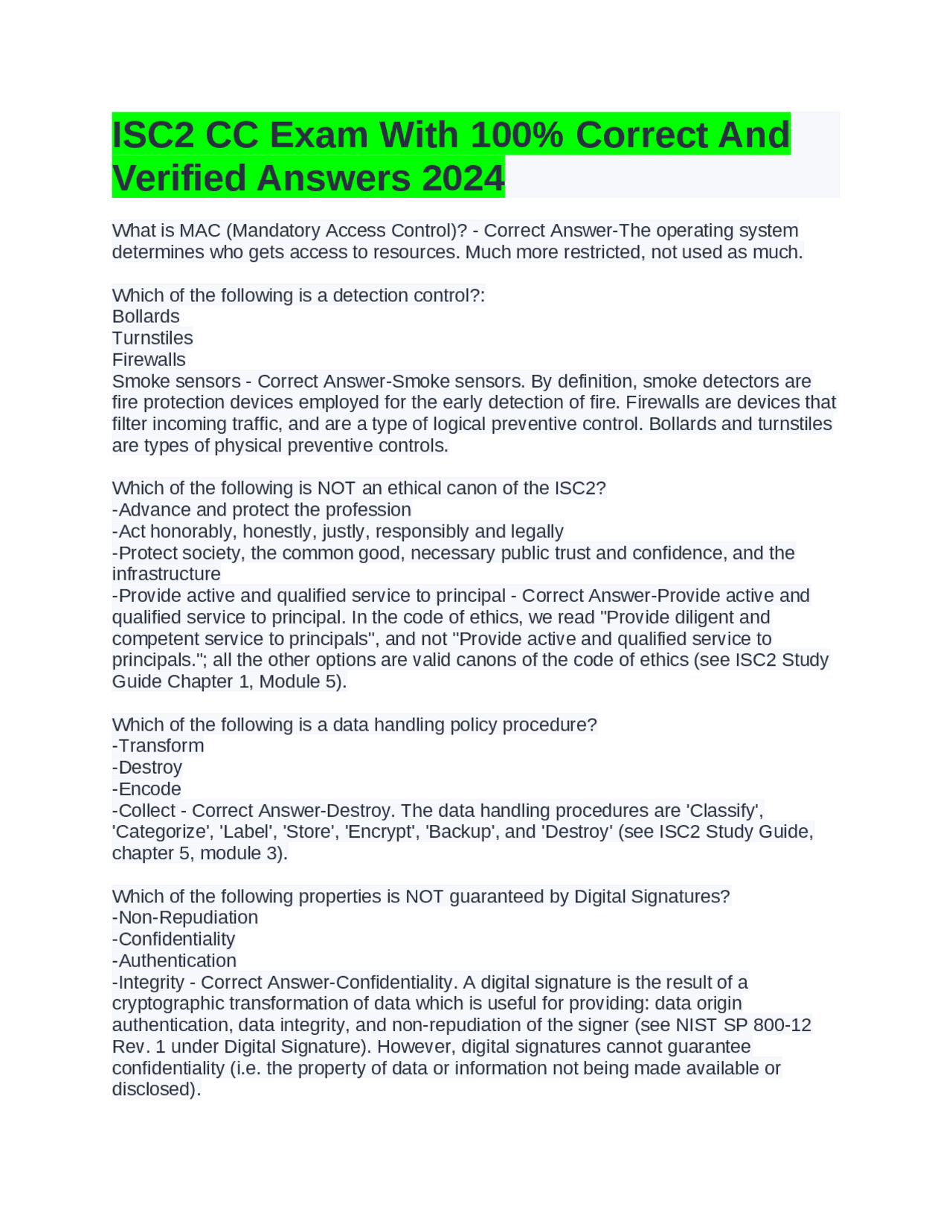 ISC2 CC Exam With 100% Correct And Verified Answers 2024 | Exams ...