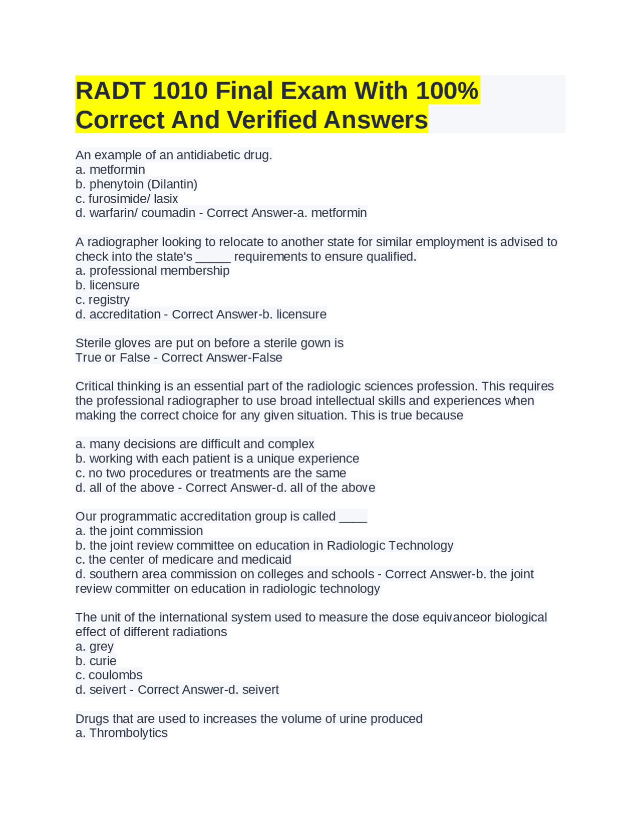RADT 1010 Final Exam With 100% Correct And Verified Answers | Exams ...