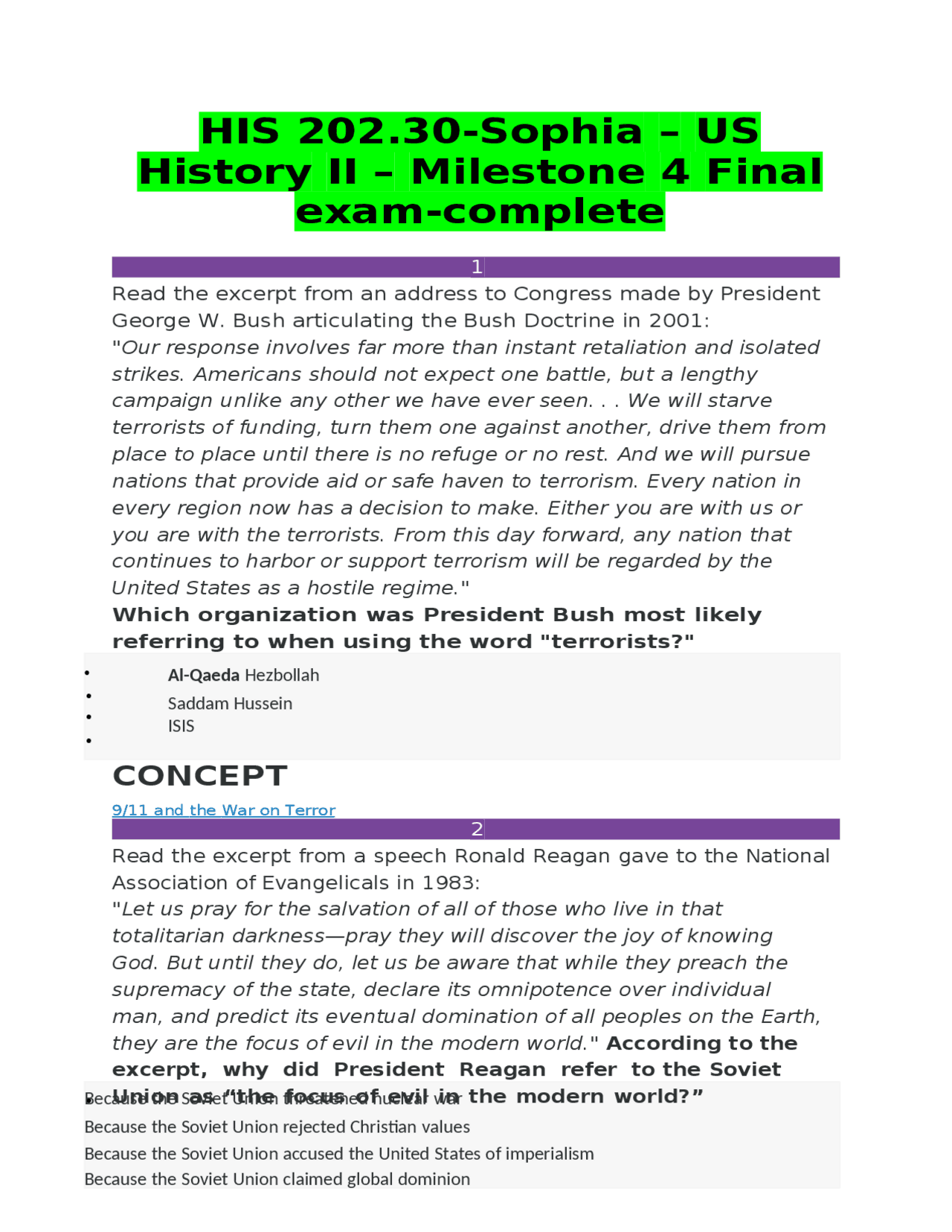 HIS 202.30-Sophia – US History II – Milestone 4 Final exam-complete ...