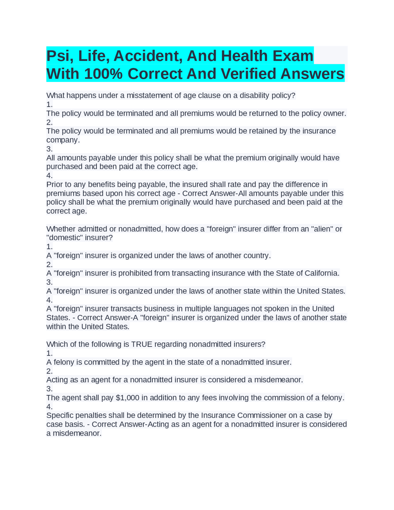 Psi, Life, Accident, And Health Exam With 100% Correct And Verified ...