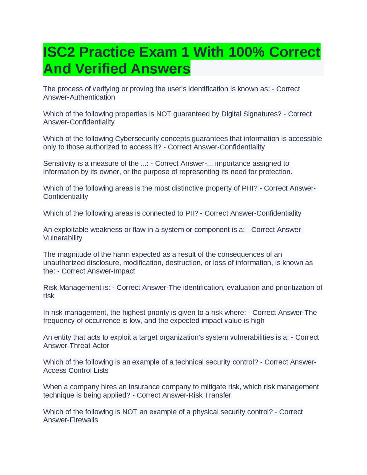 ISC2 Practice Exam 1 With 100% Correct And Verified Answers | Exams ...