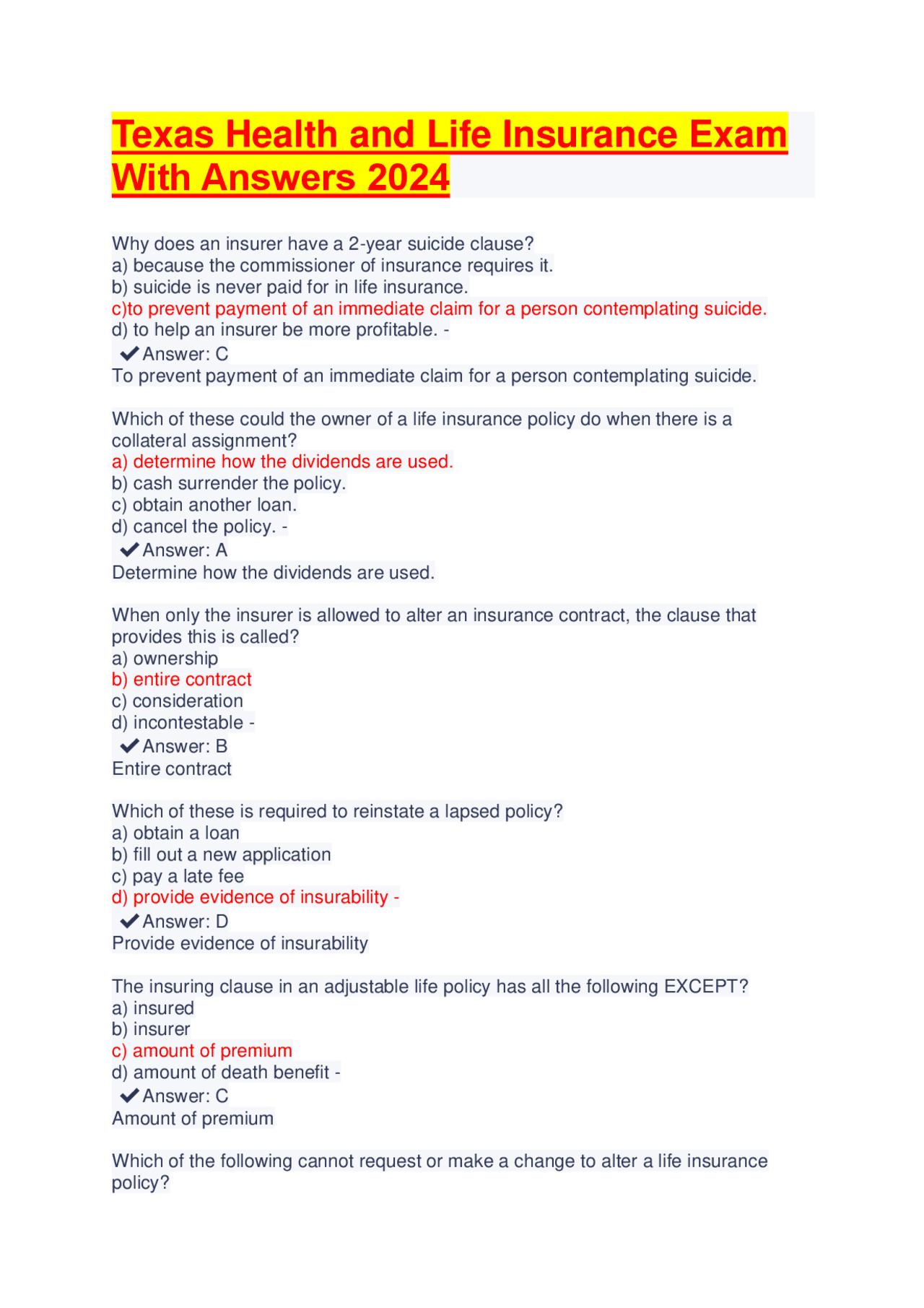 Texas Health and Life Insurance Exam With Answers 2024.pdf | Exams ...