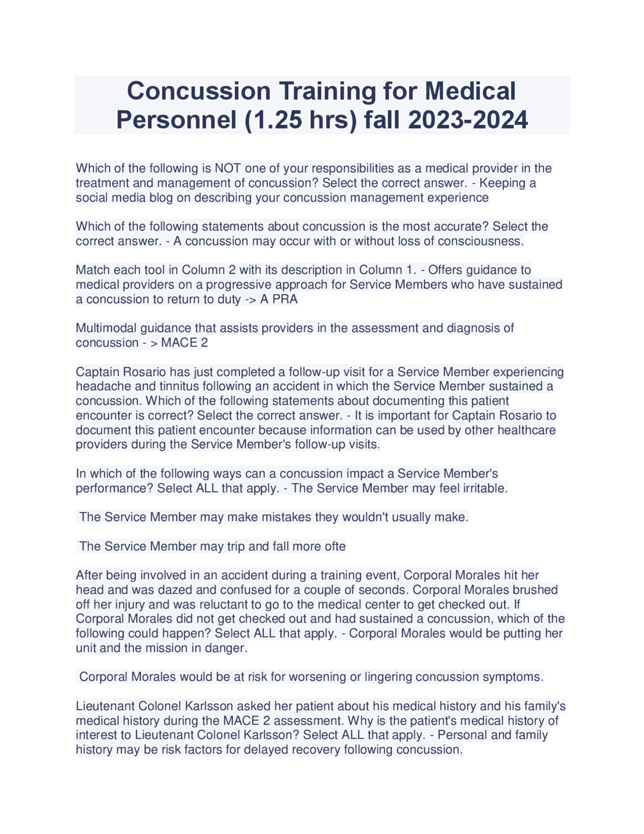 CONCUSSION TRAINING FOR MEDICAL PERSONNEL (1.25 HRS) FALL 2023 100% ...