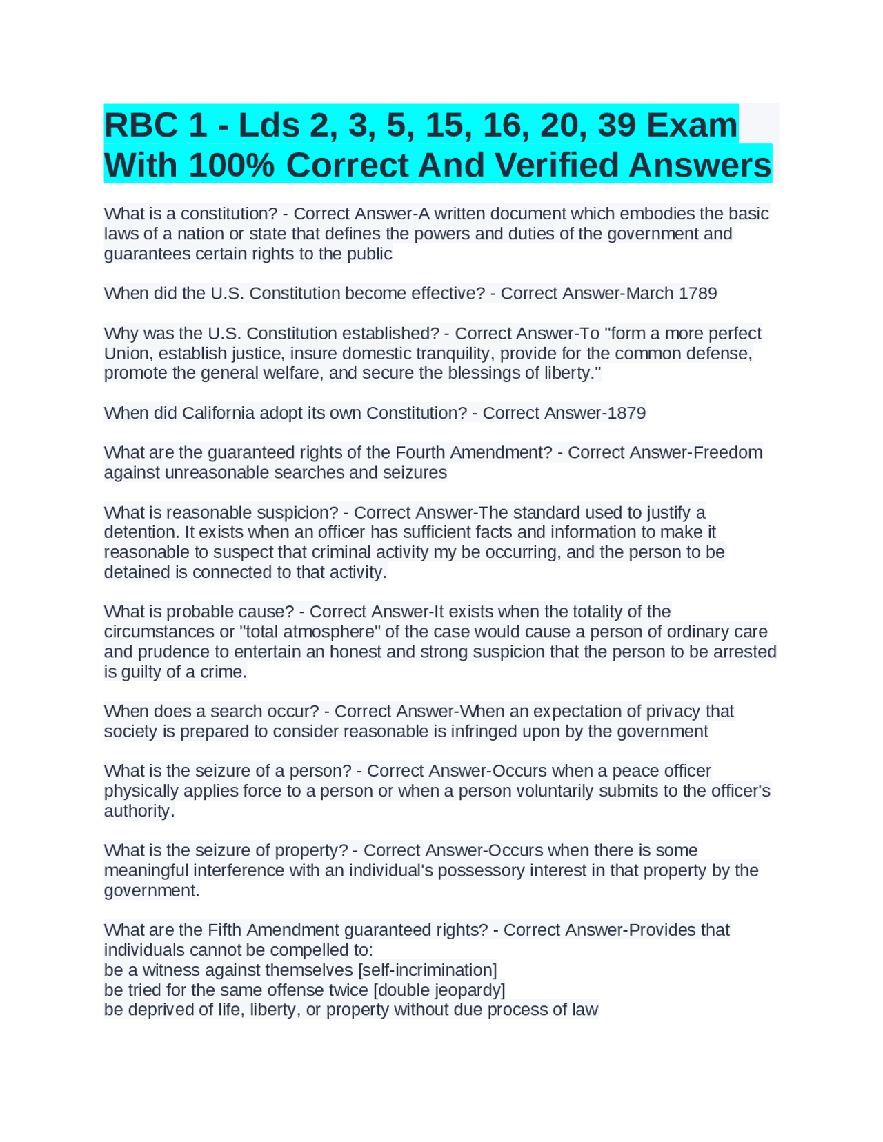 RBC 1 - Lds 2, 3, 5, 15, 16, 20, 39 Exam With 100% Correct And Verified ...