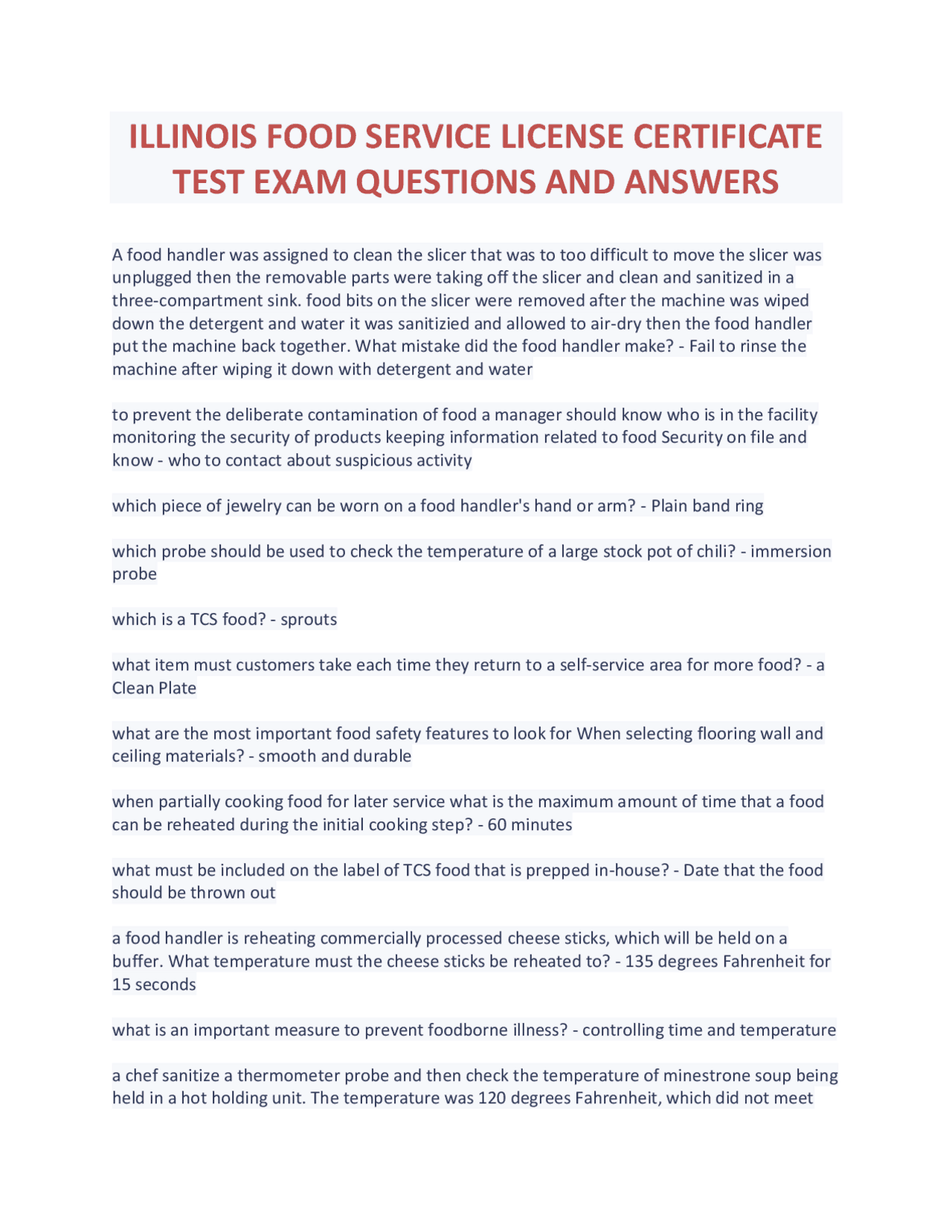 ILLINOIS FOOD SERVICE LICENSE CERTIFICATE TEST EXAM QUESTIONS AND ...