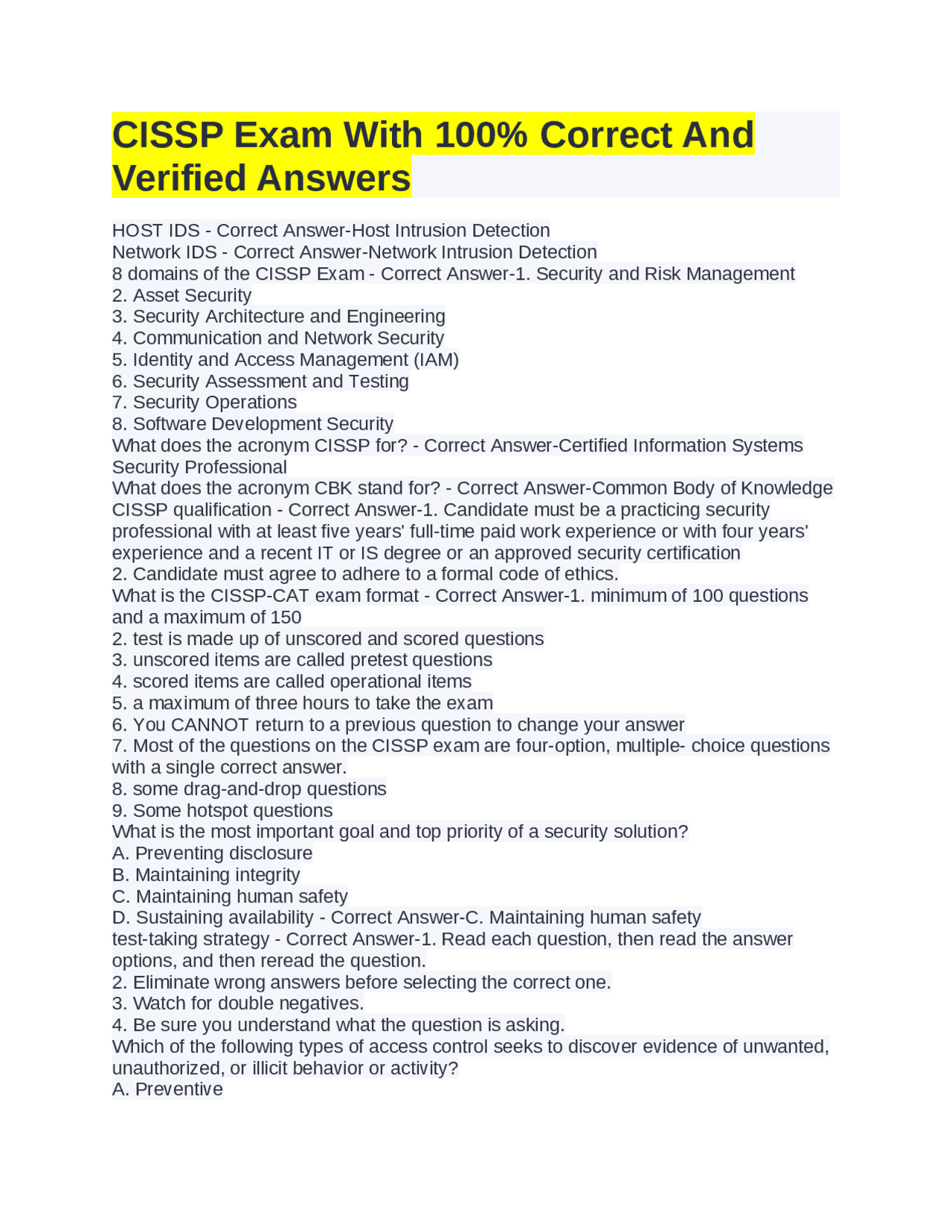 CISSP Exam With 100% Correct And Verified Answers | Exams Advanced ...